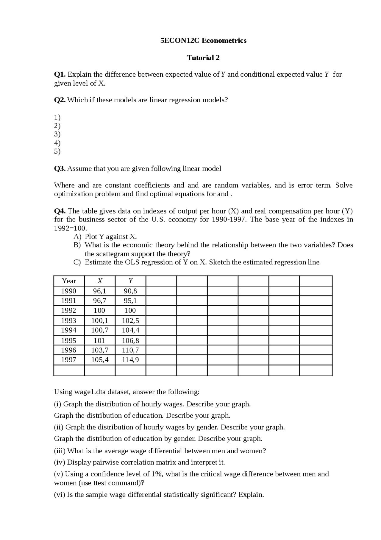 Exercises For Introduction To Econometrics Exercises Introduction To Econometrics Docsity