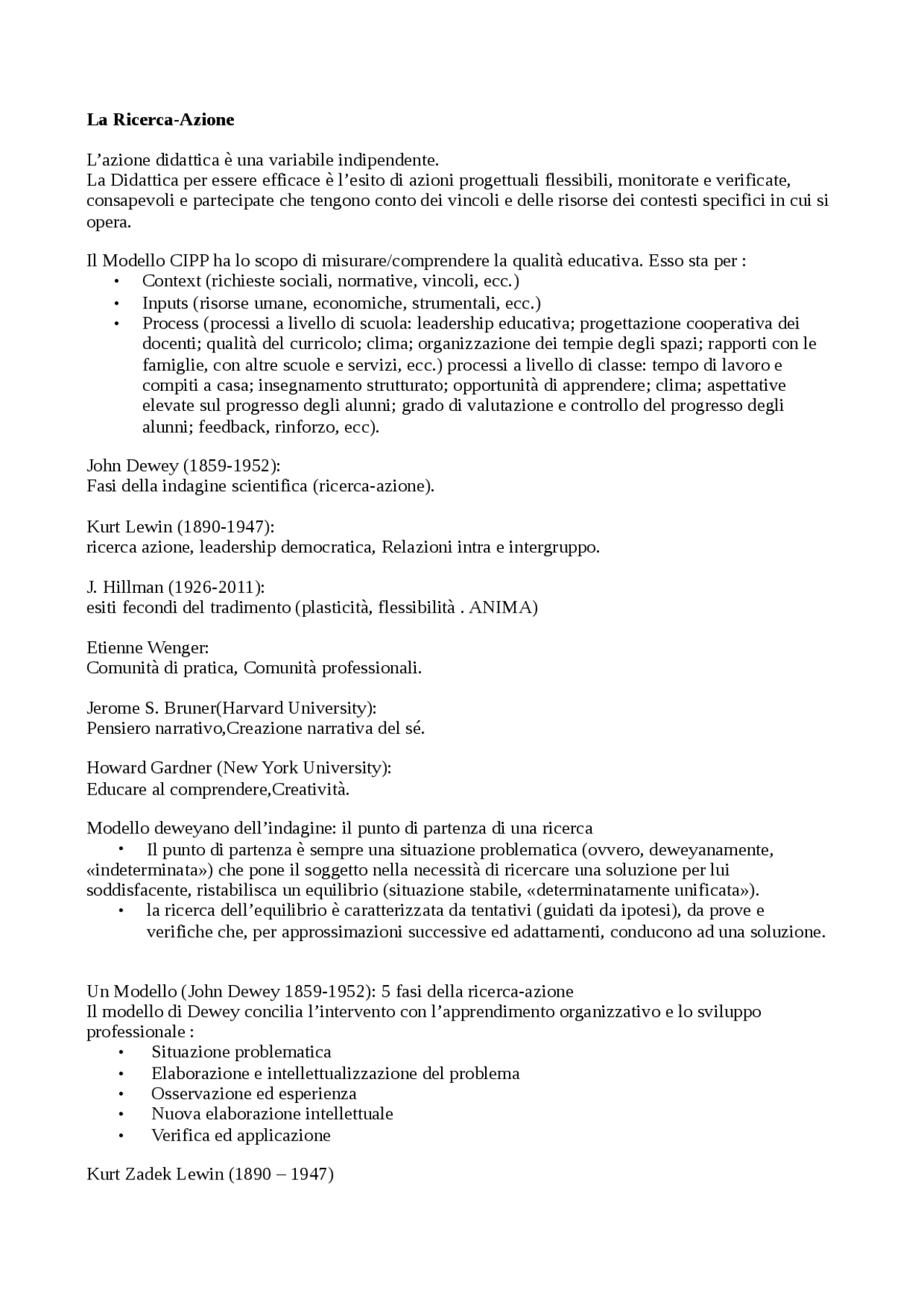 Riassunto Ricerca Azione Docsity