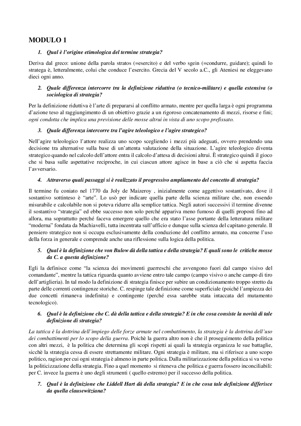 Risposte esame "Studi Strategici" - Docsity