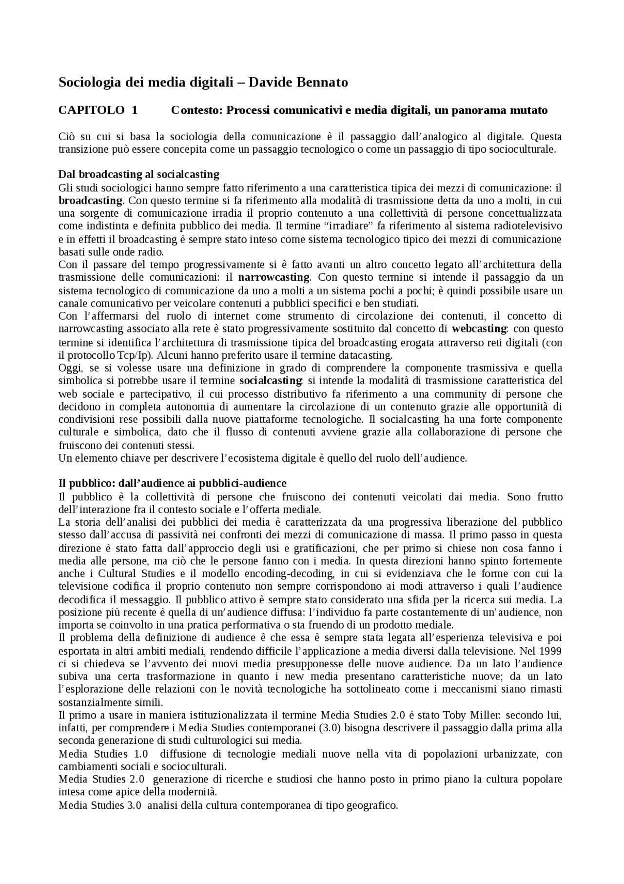 Sociologia Dei Media Digitali Davide Bennato Docsity