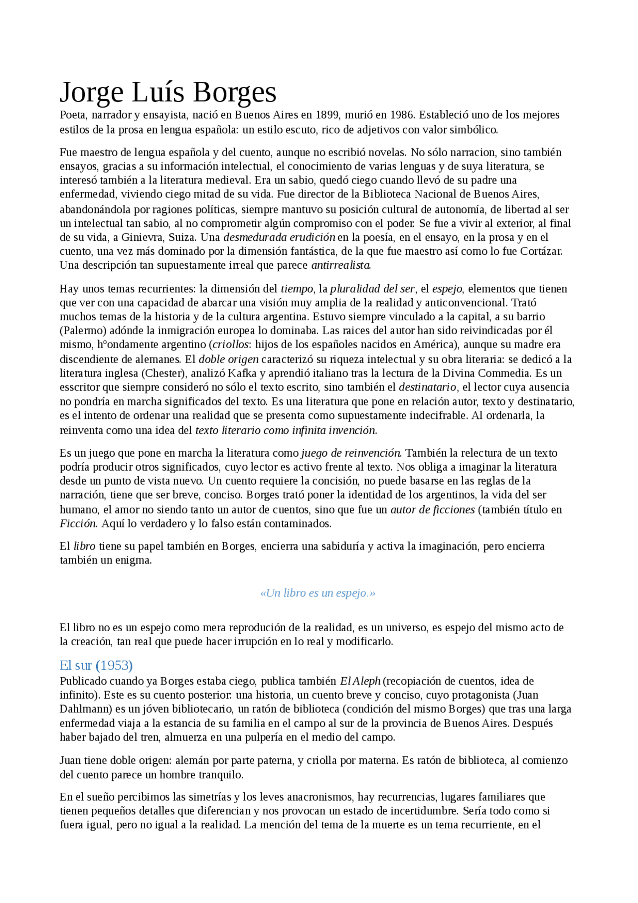 Jorge Luís Borges: "El sur" y "Emma Zunz" - Docsity