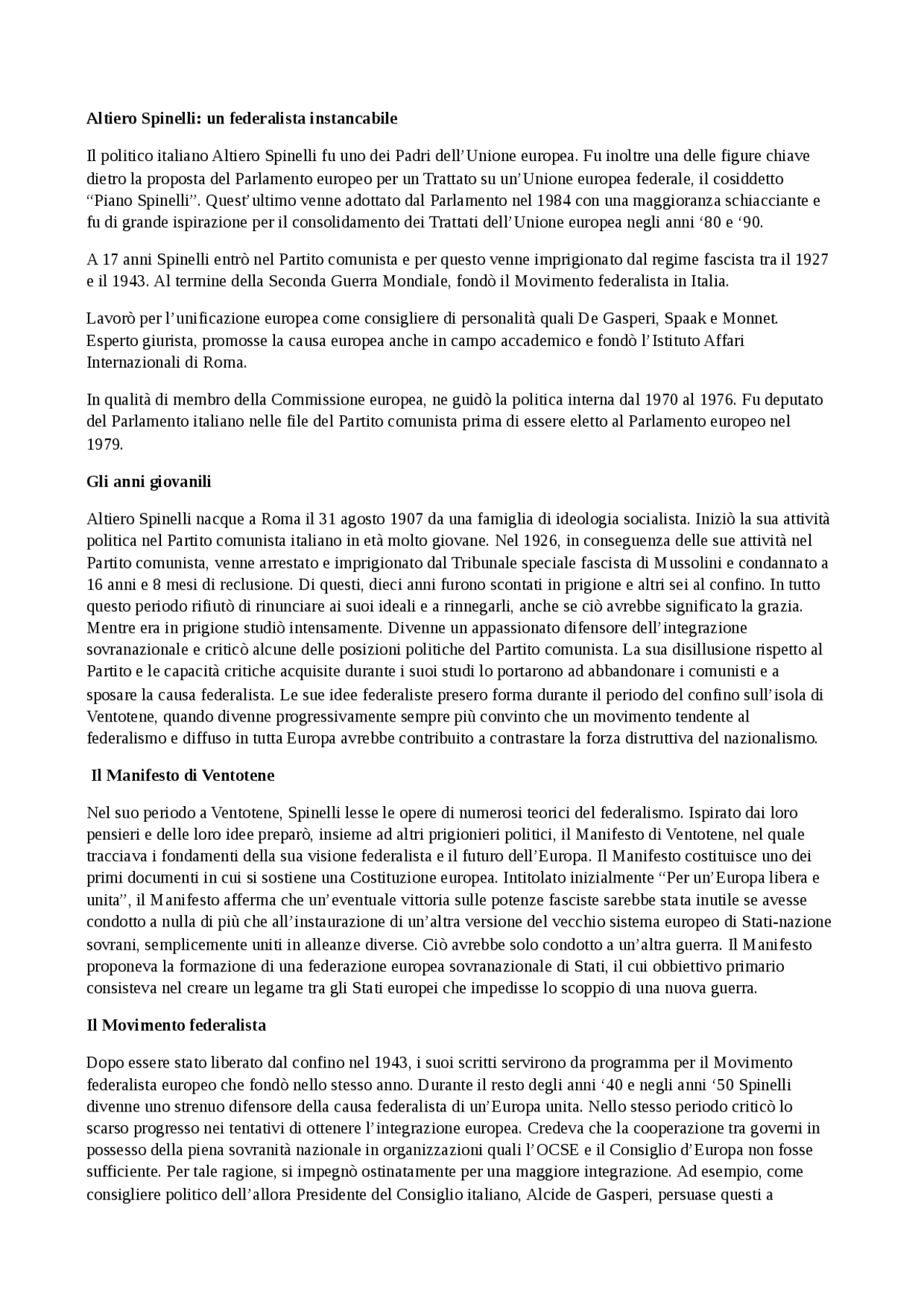 Il federalista Altiero Spinelli e riflessioni sul manifesto di ...