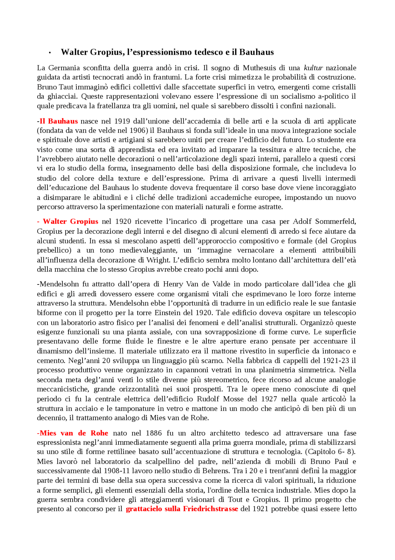 Walter Gropius, l’espressionismo tedesco e il Bauhaus - Docsity