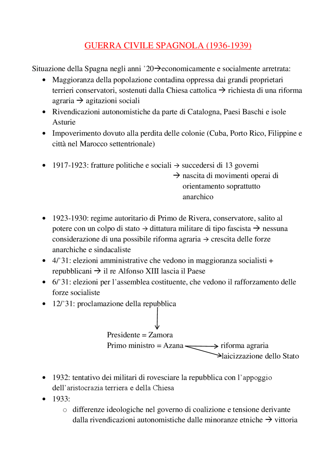 Guerra Civile Spagnola Schema Riassuntivo Docsity