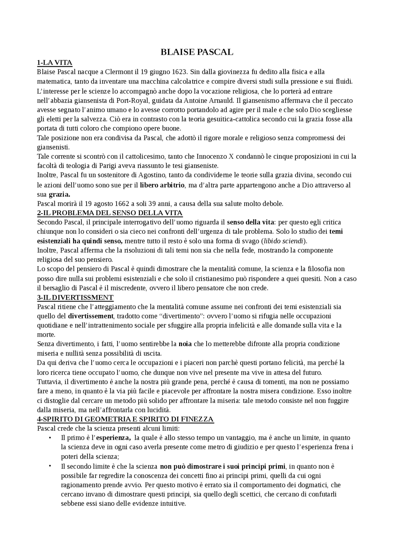 Riassunto su Blasise Pascal- Tratto da "percorsi di filosofia 2A" - Docsity