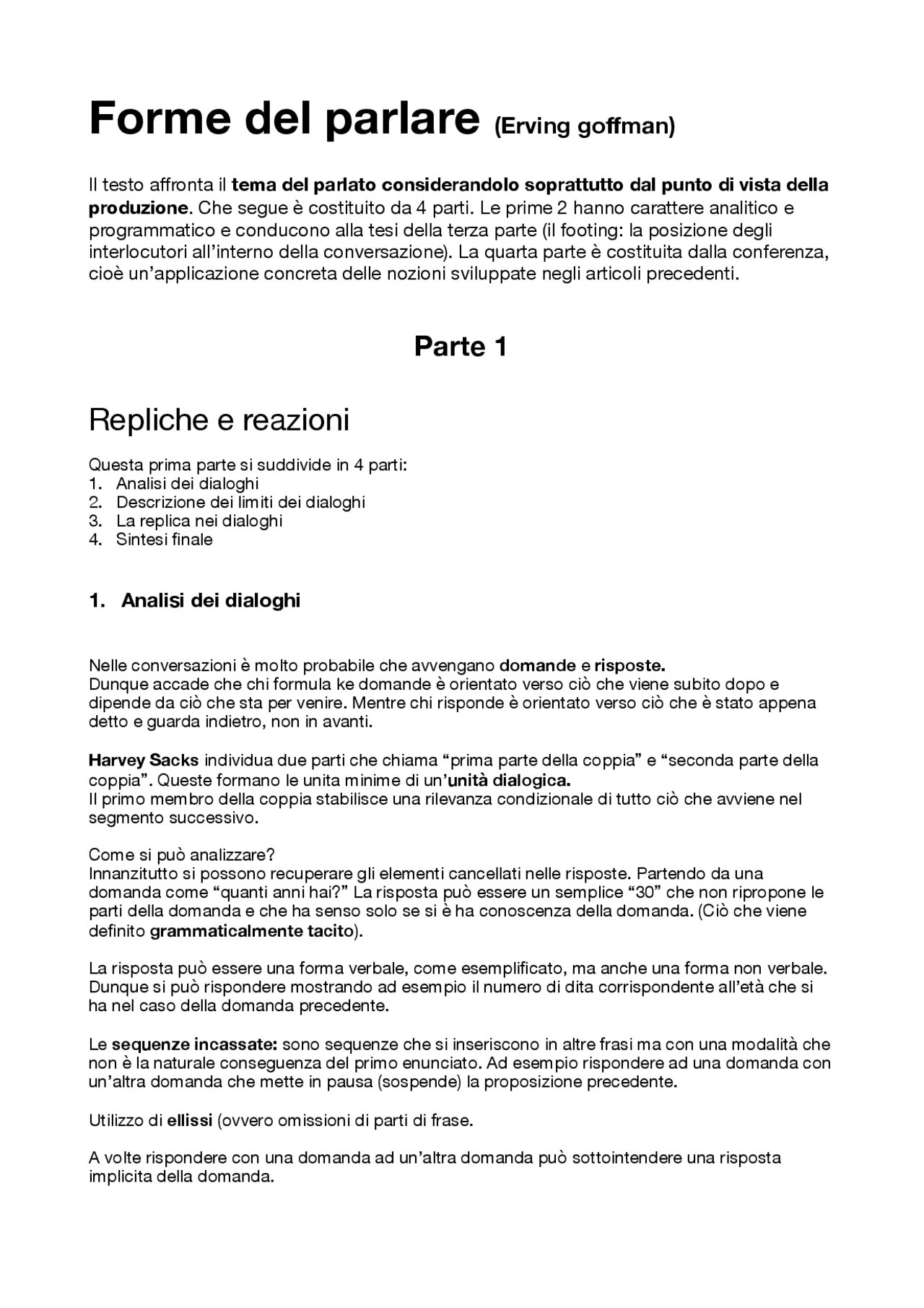 Forme Del Parlare Goffman Sintesi Del Corso Di Pedagogia Docsity