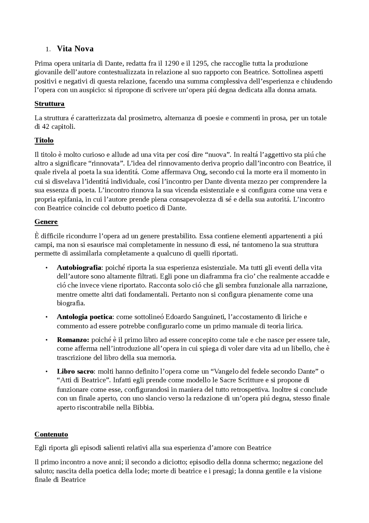 Vita Nova Scheda E Riassunto Docsity