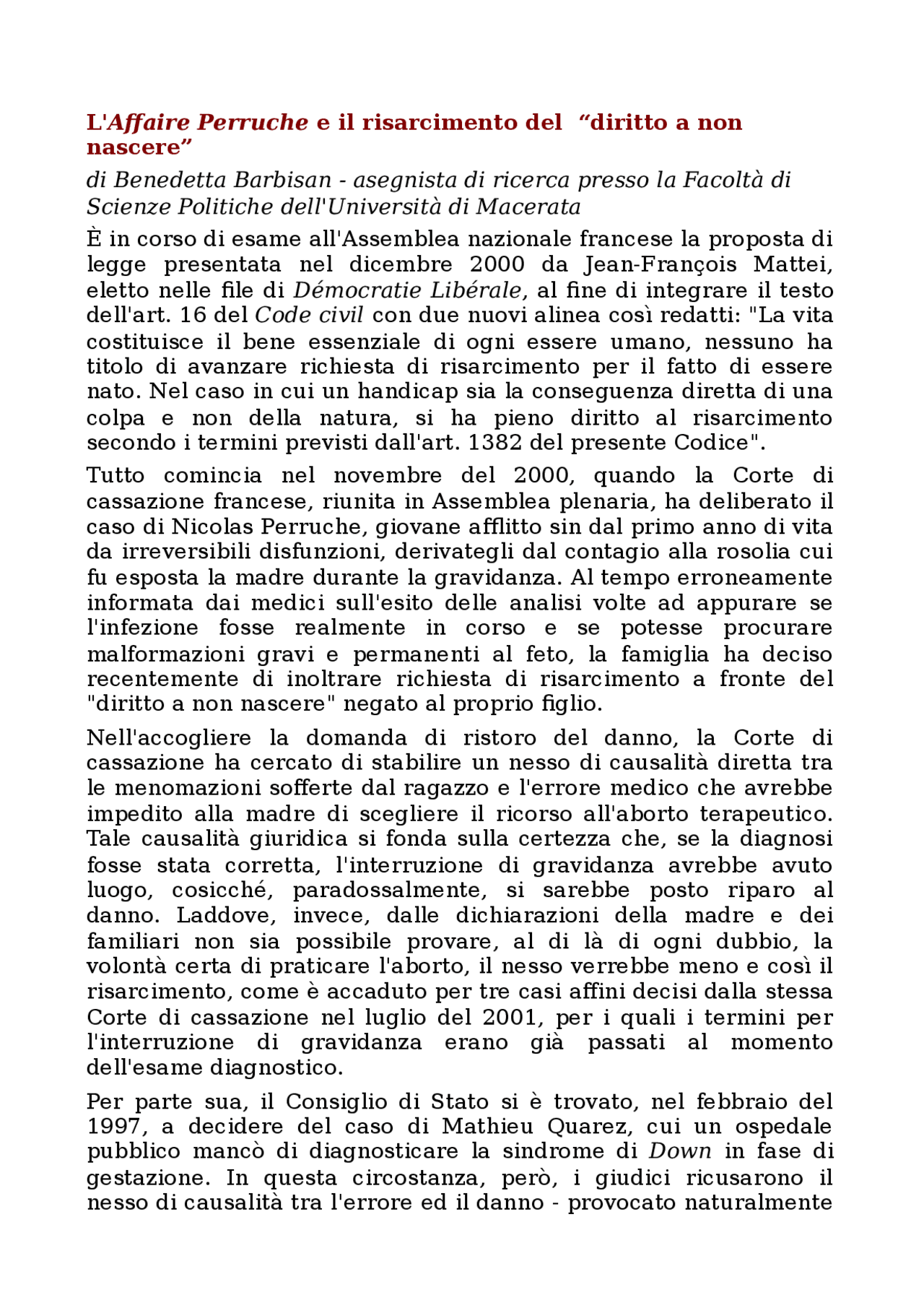 Barbisan Diritto A Non Nascere Docsity