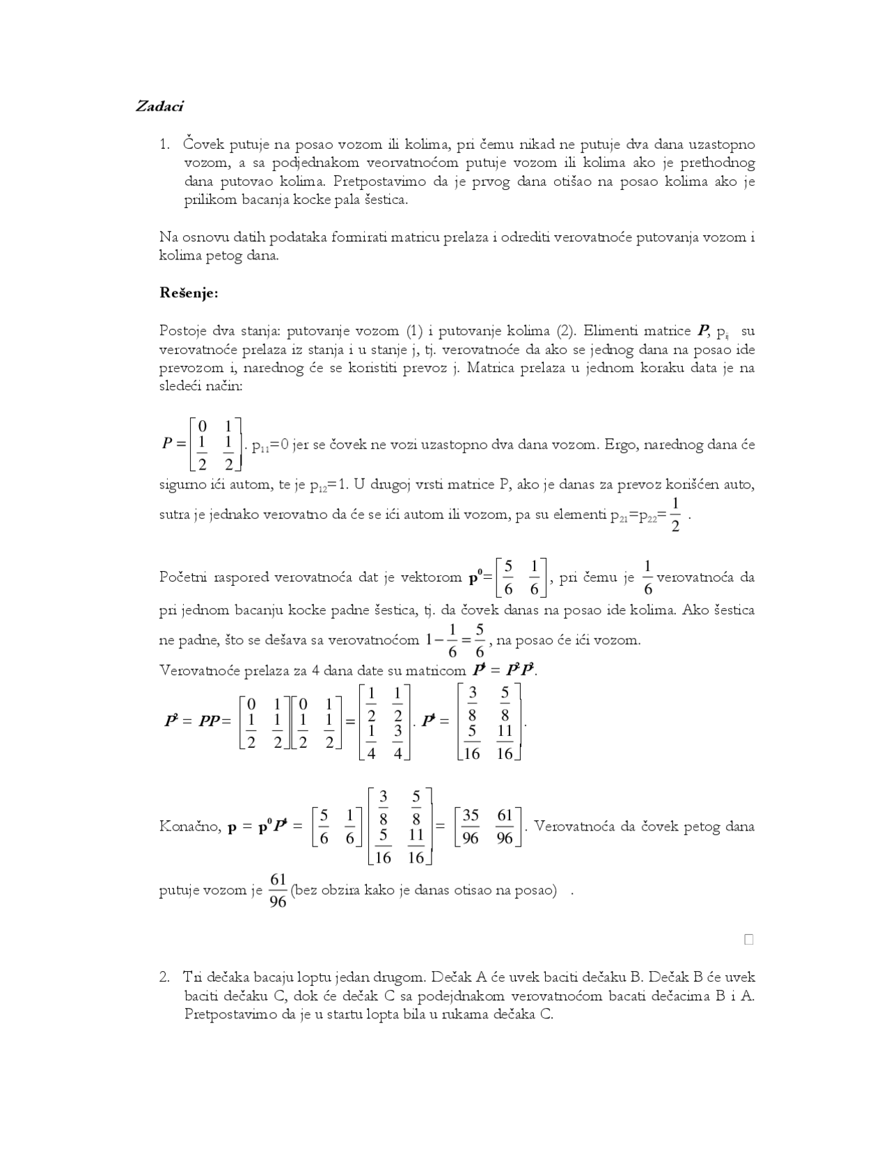 Zadaci za markovljeve lance | Skripte' predlog Primenjena matematika - Docsity