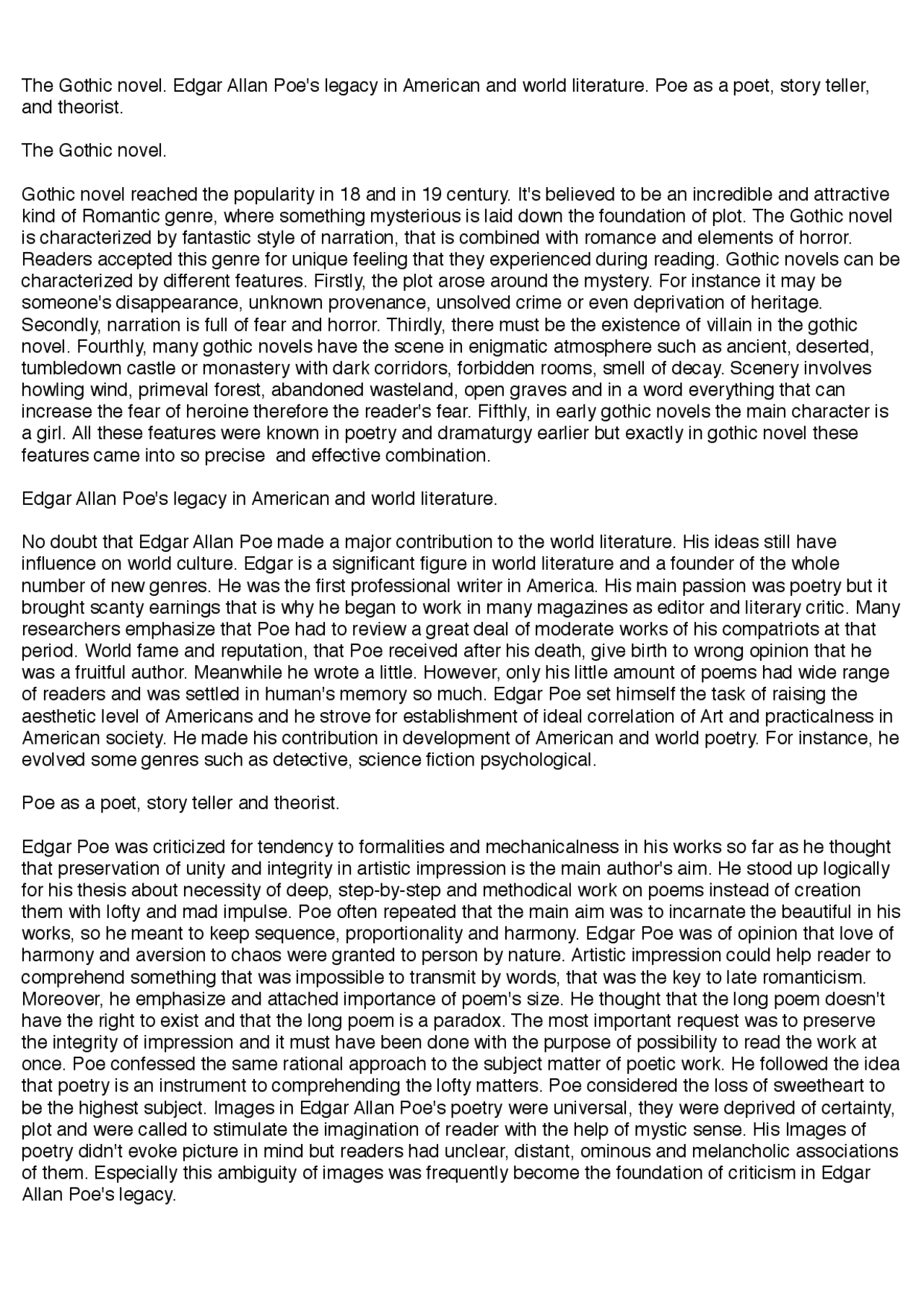 Edgar Allan Poe's legacy in American and world literature. - Docsity