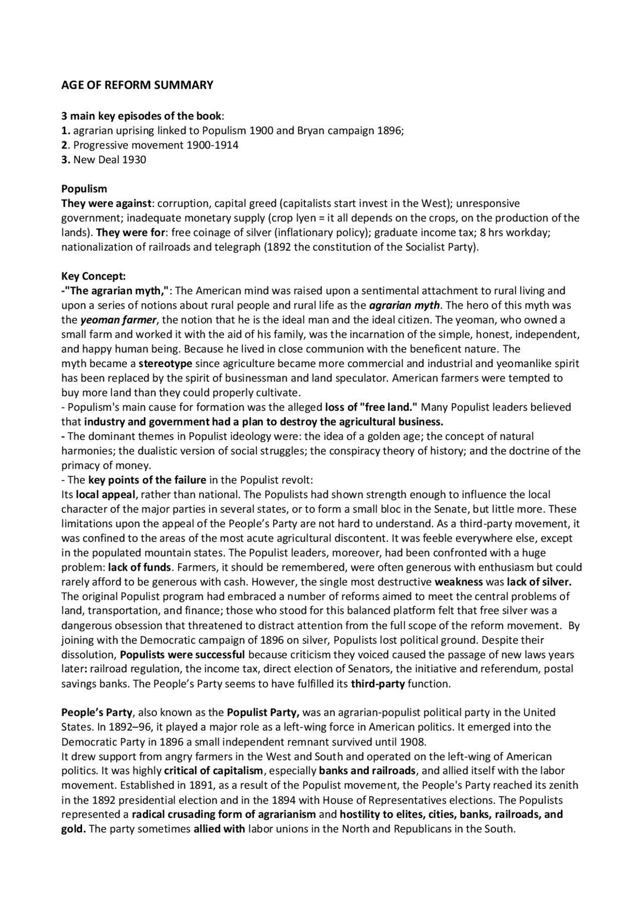 Age of Reform, Richard Hofstadter - Fiorentino - Docsity