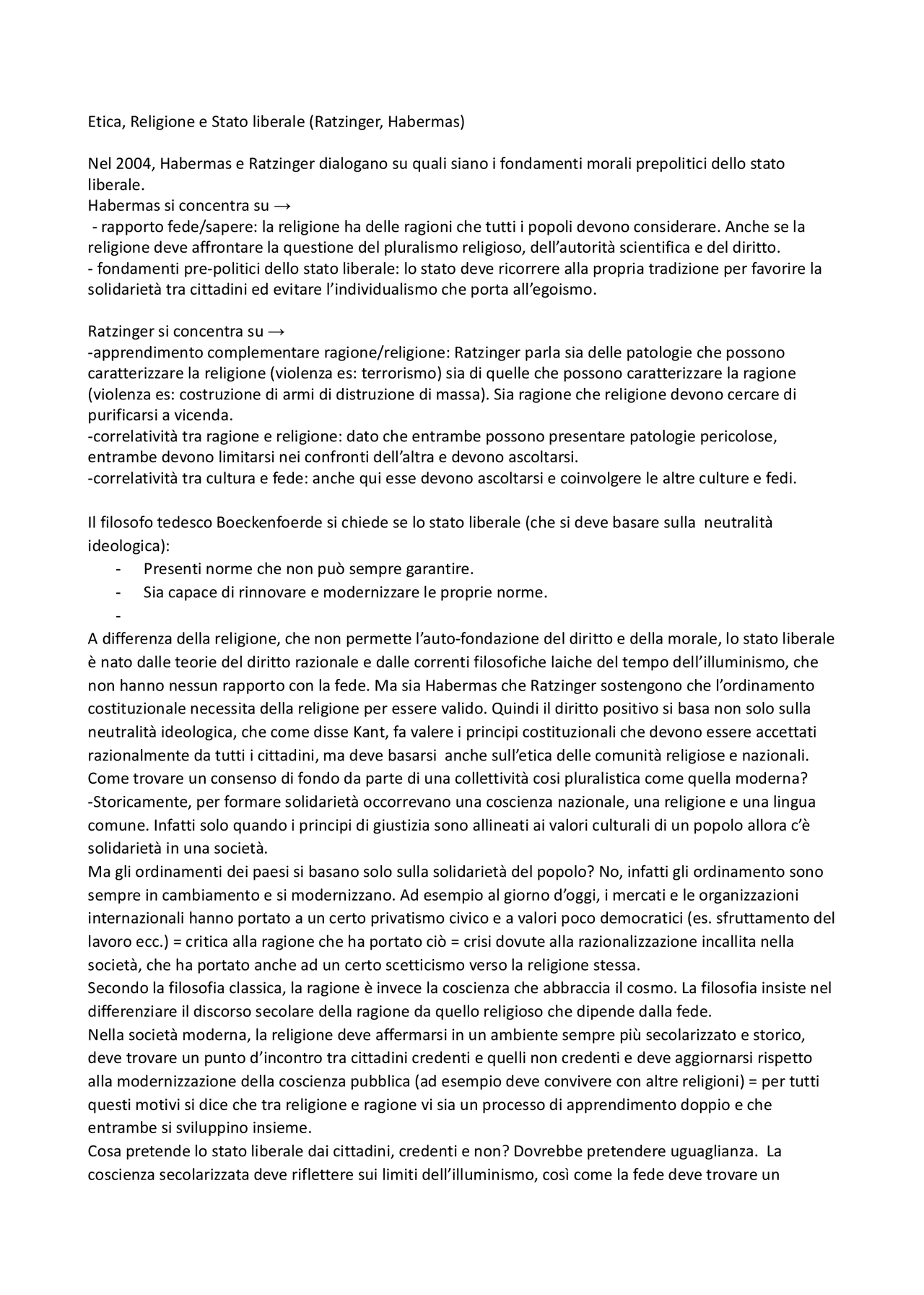 Etica, religione e stato liberale (Habermas, Ratzinger) - Docsity