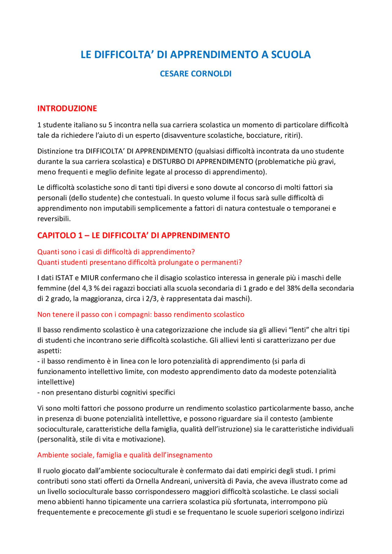 Le Difficoltà Di Apprendimento A Scuola Cesare Cornoldi Docsity