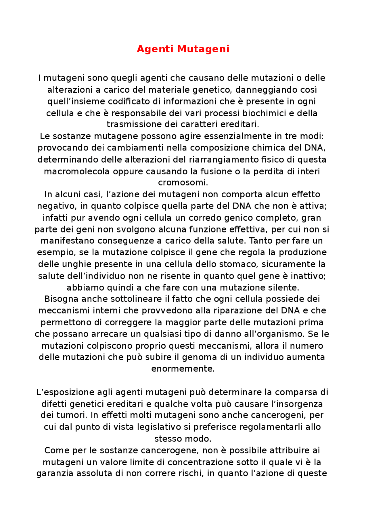 Ricerca Agenti Mutageni - Docsity