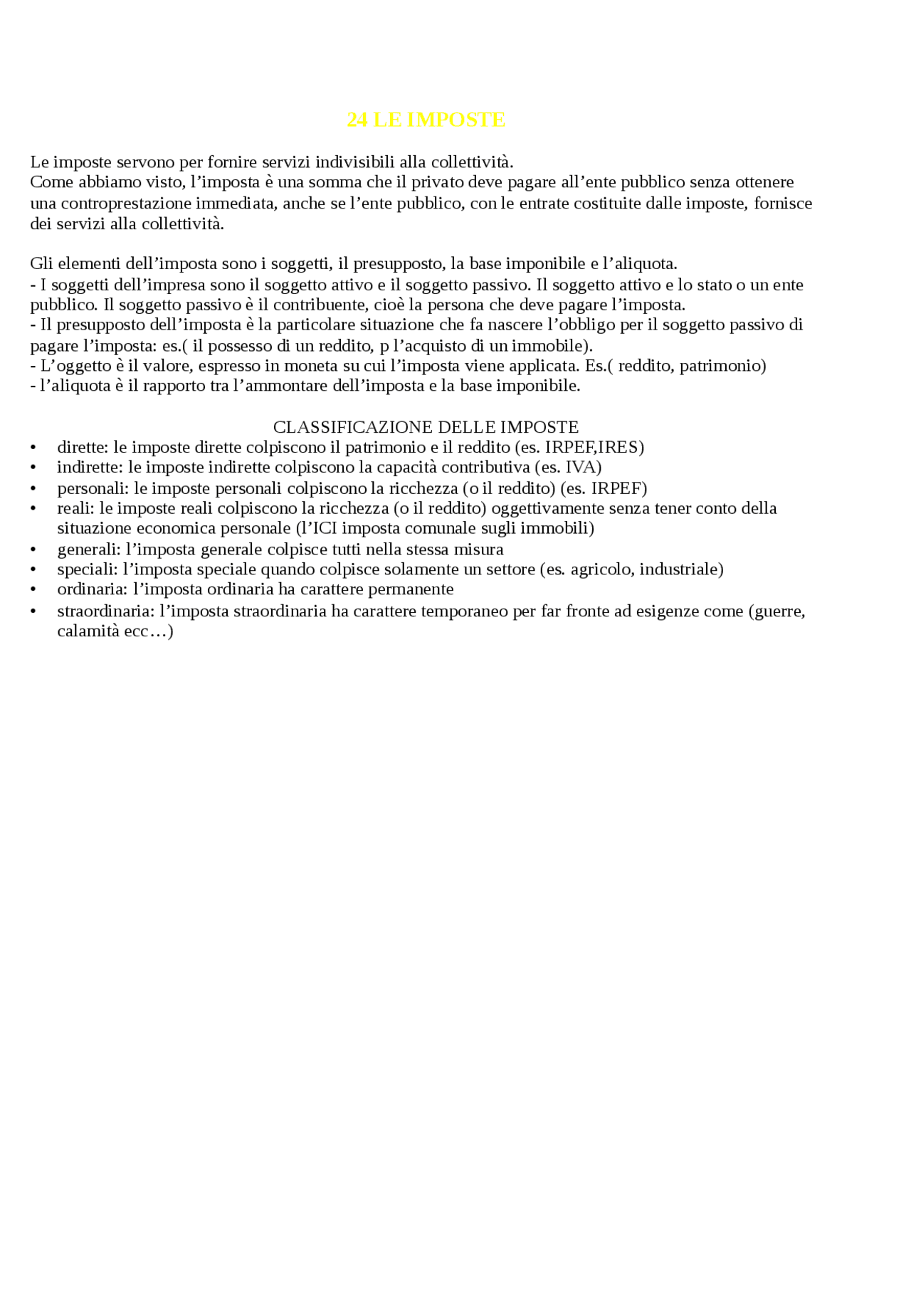 Le imposte, elementi dell’imposta - Docsity