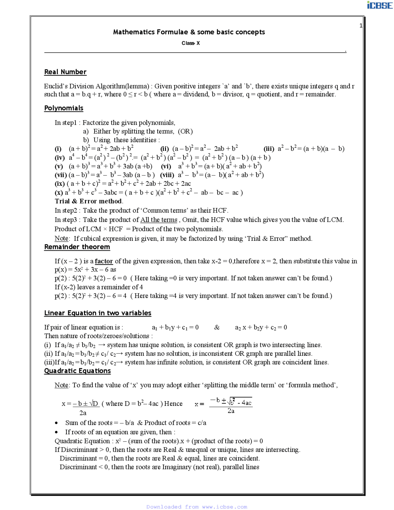 Algebra And Mathamatics Notes Exams Mathematics Docsity