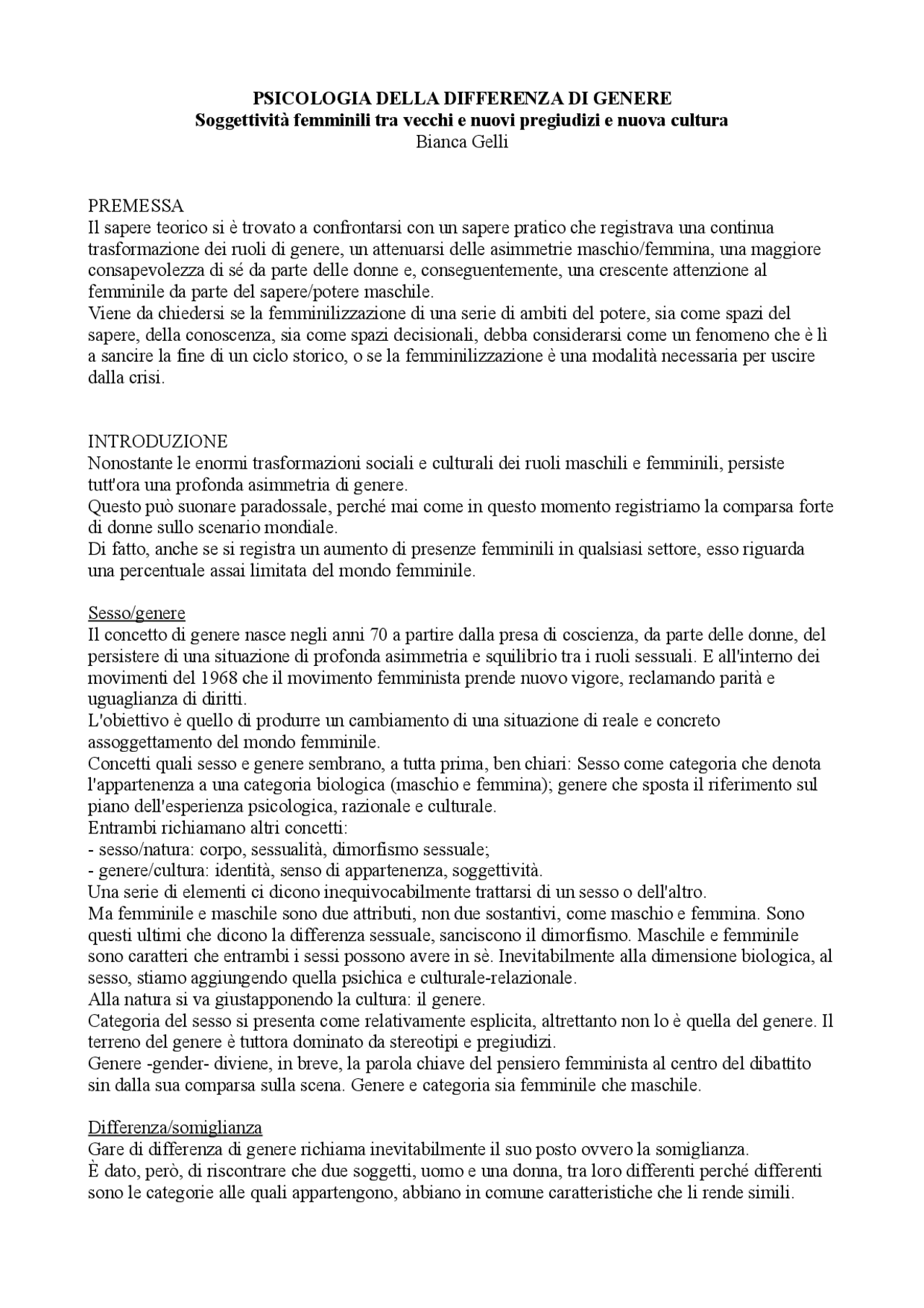 Psicologia Delle Differenze Di Genere Docsity