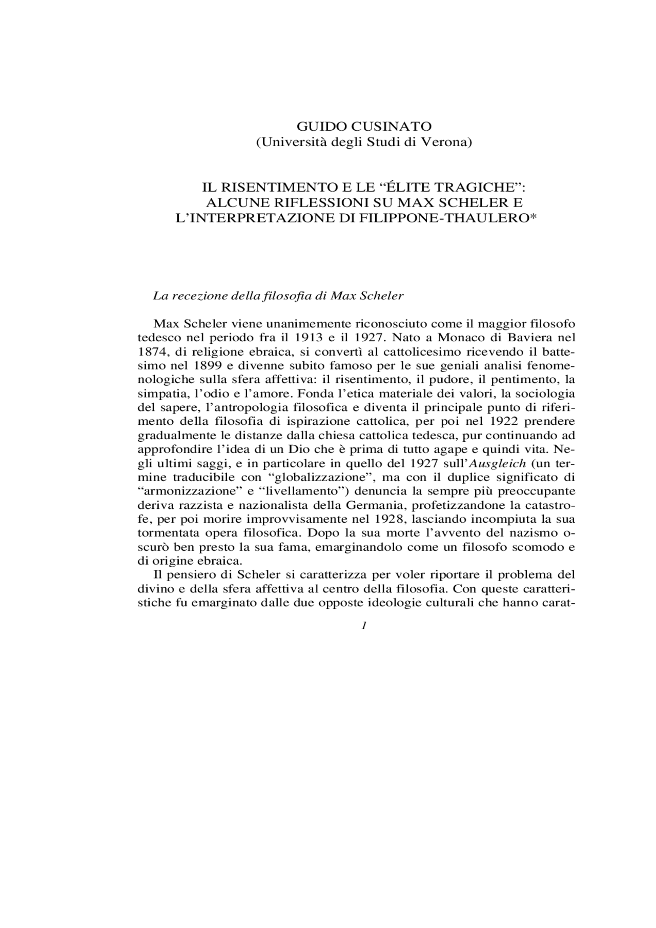 Il Risentimento e le èlite tragiche - Docsity