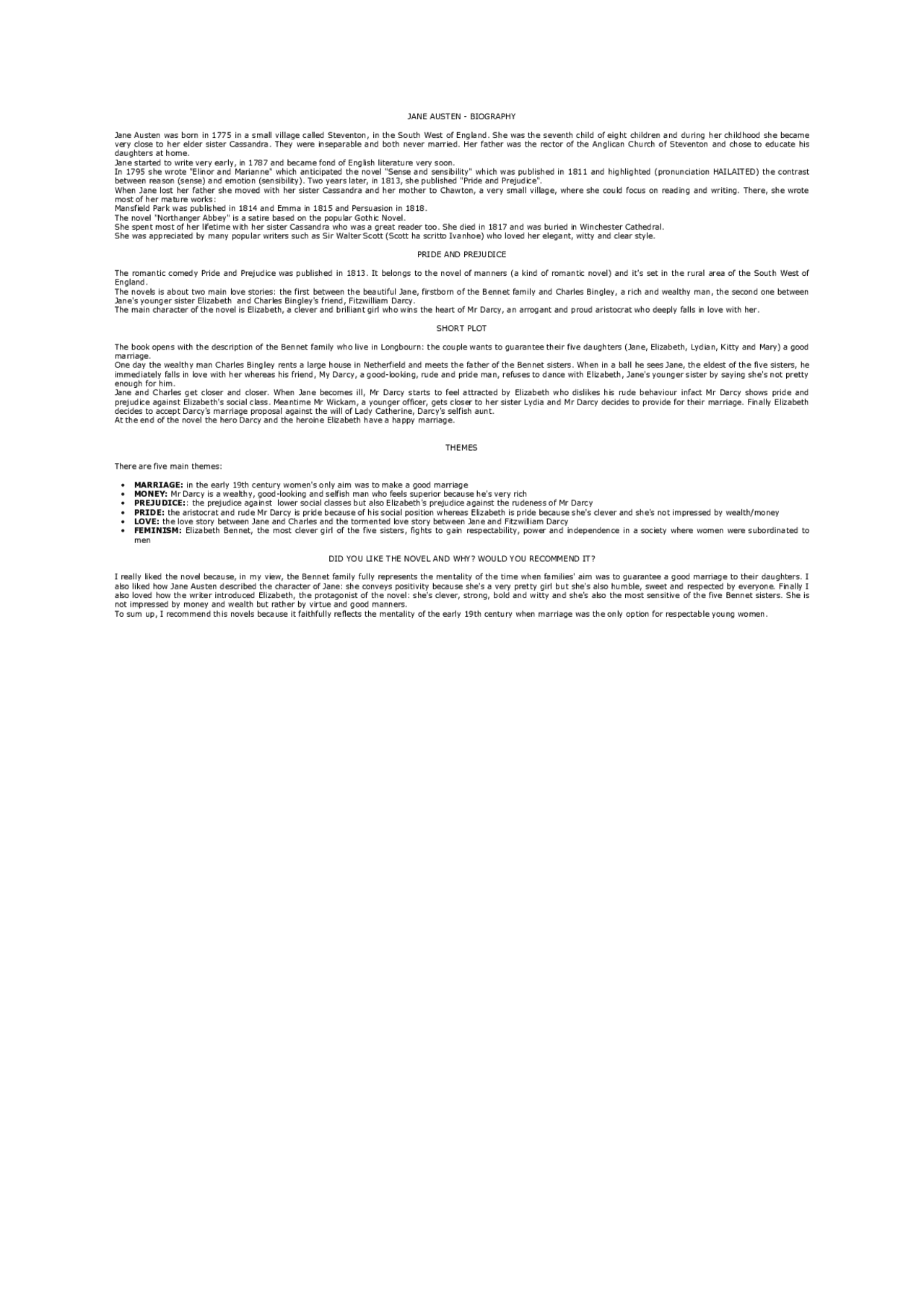 JANE AUSTEN - PRIDE AND PREJUDICE - Docsity