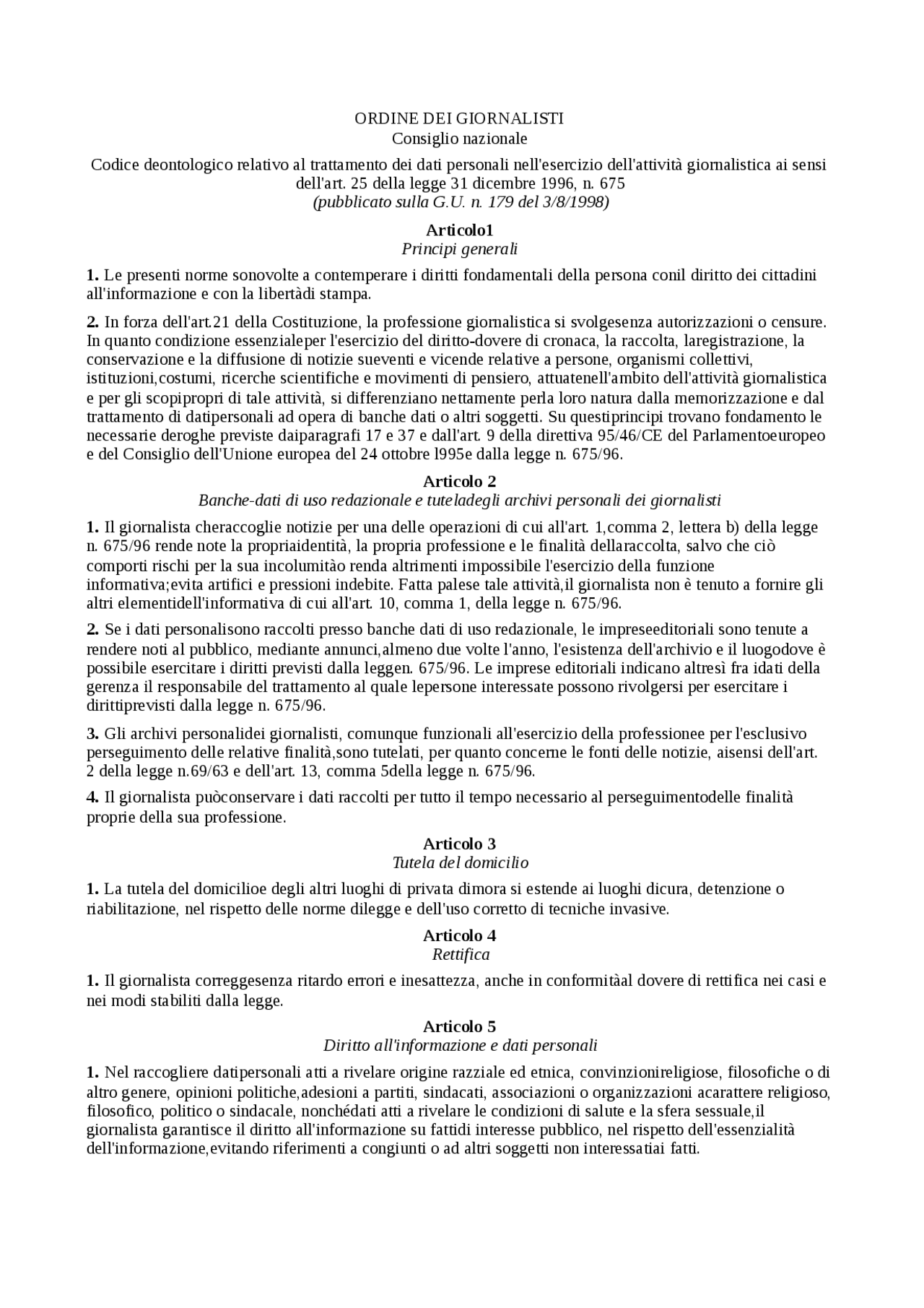 Codice Deontologico Dei Giornalisti Docsity