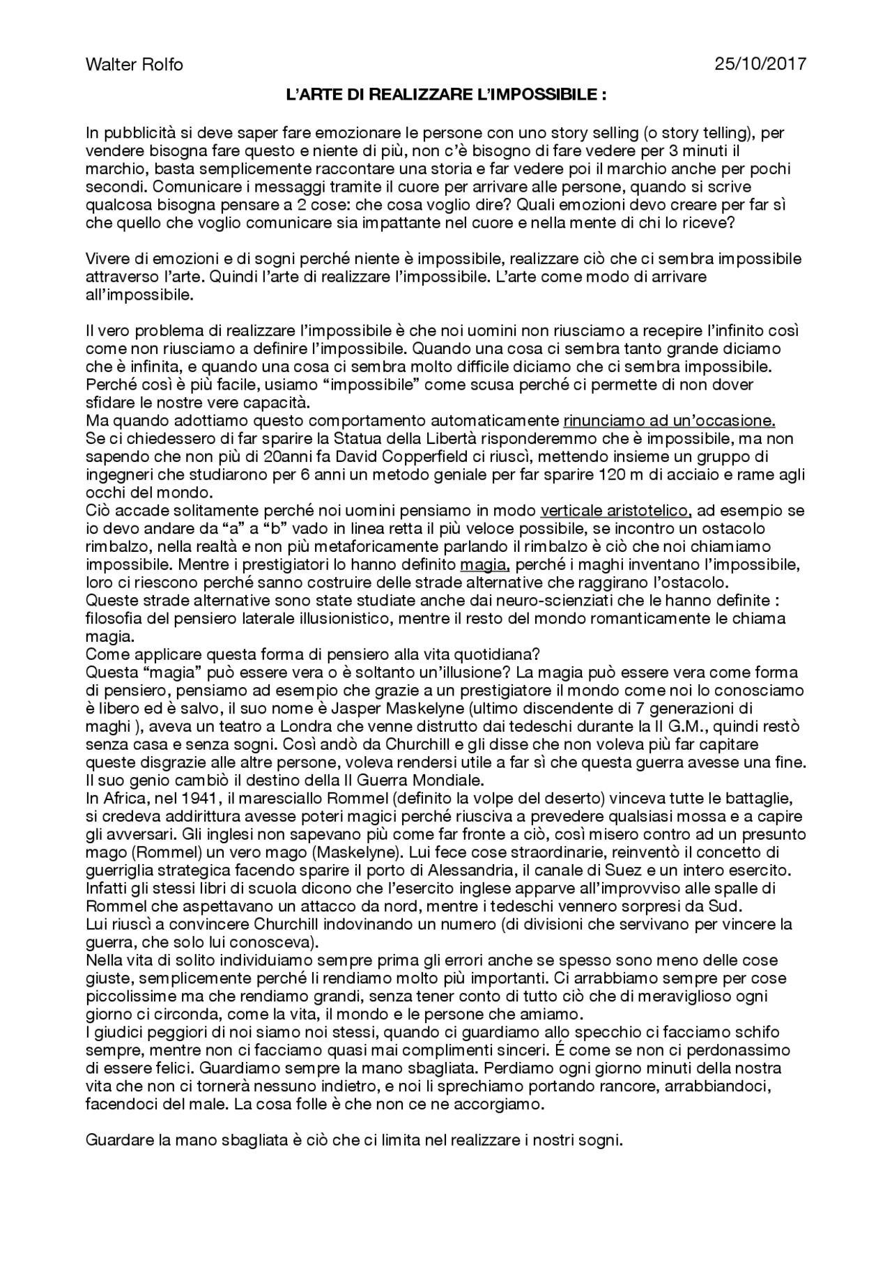L'arte di realizzare l'impossibile Walter Rolfo - Docsity