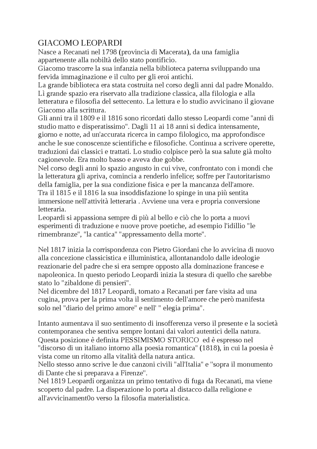 Giacomo leopardi ; la vita - Docsity