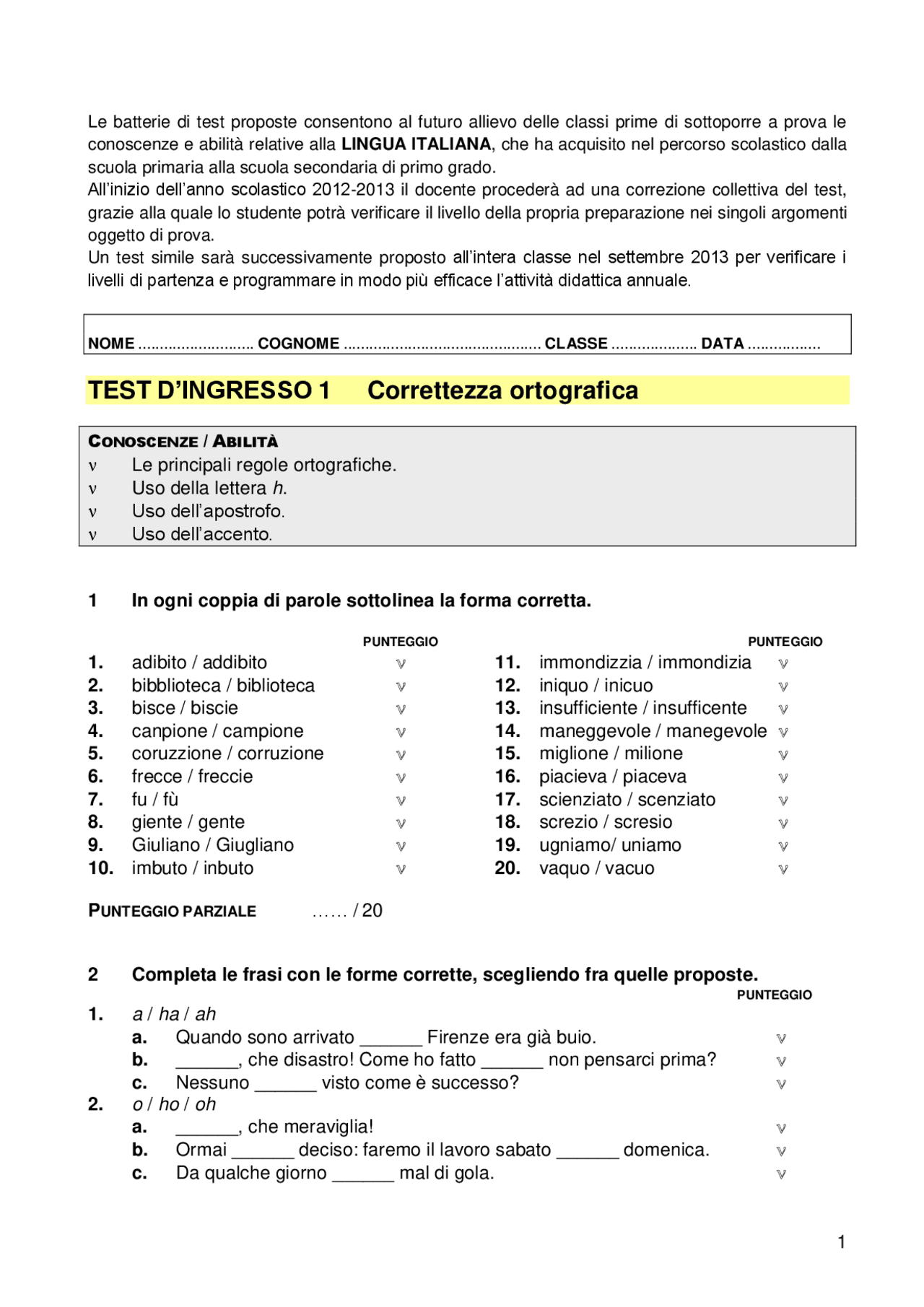 Test ingresso scuola secondaria I grado | Prove d'esame di Italiano ...