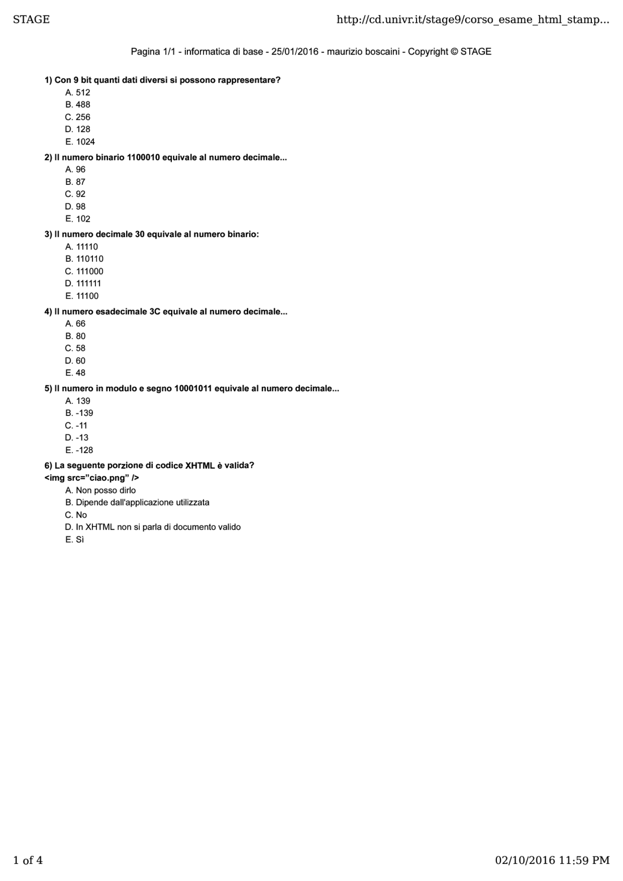 Domande Esame Di Informatica Di Base Prove Desame Di Elementi Di