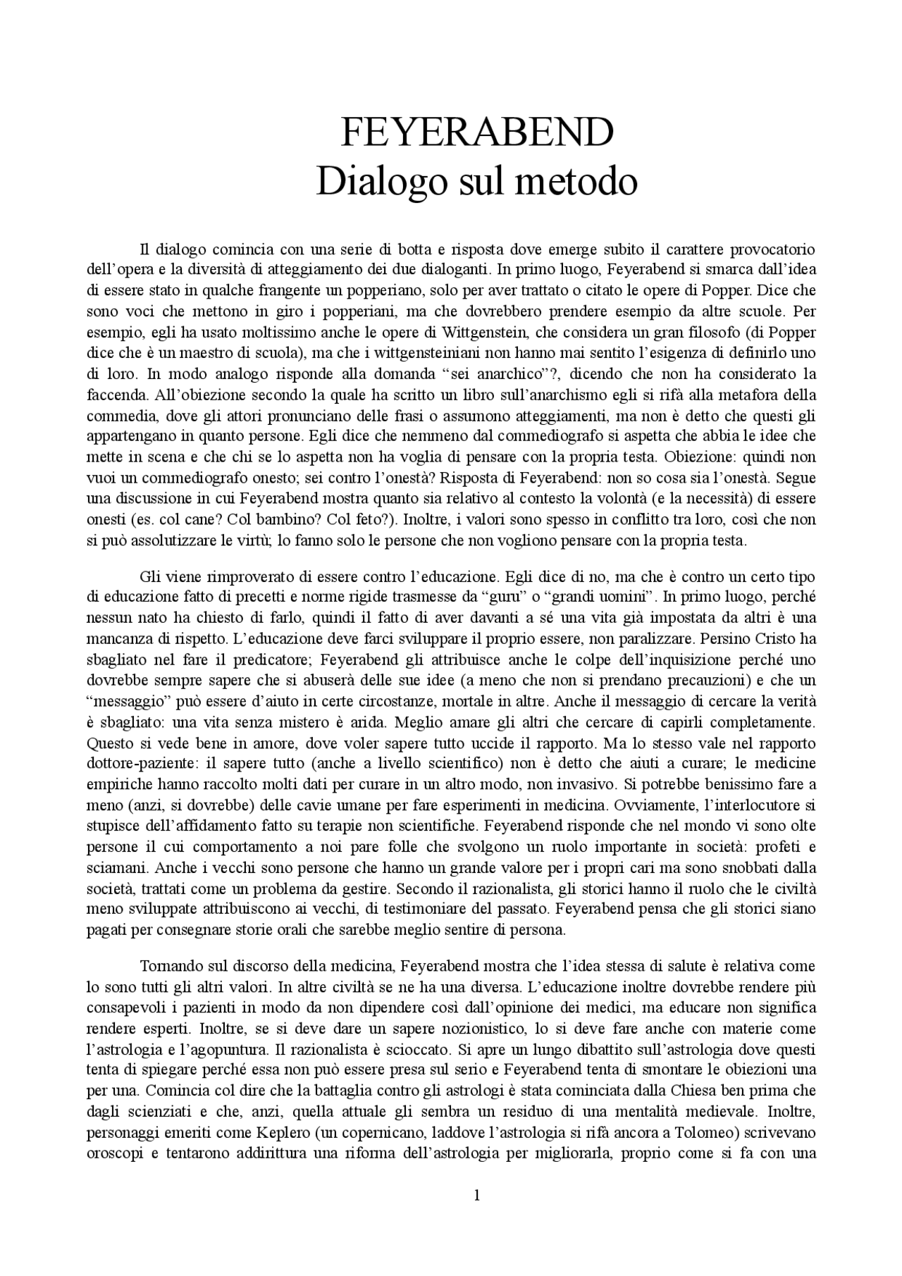 Feyerabend Dialogo Sul Metodo Riassunto Docsity