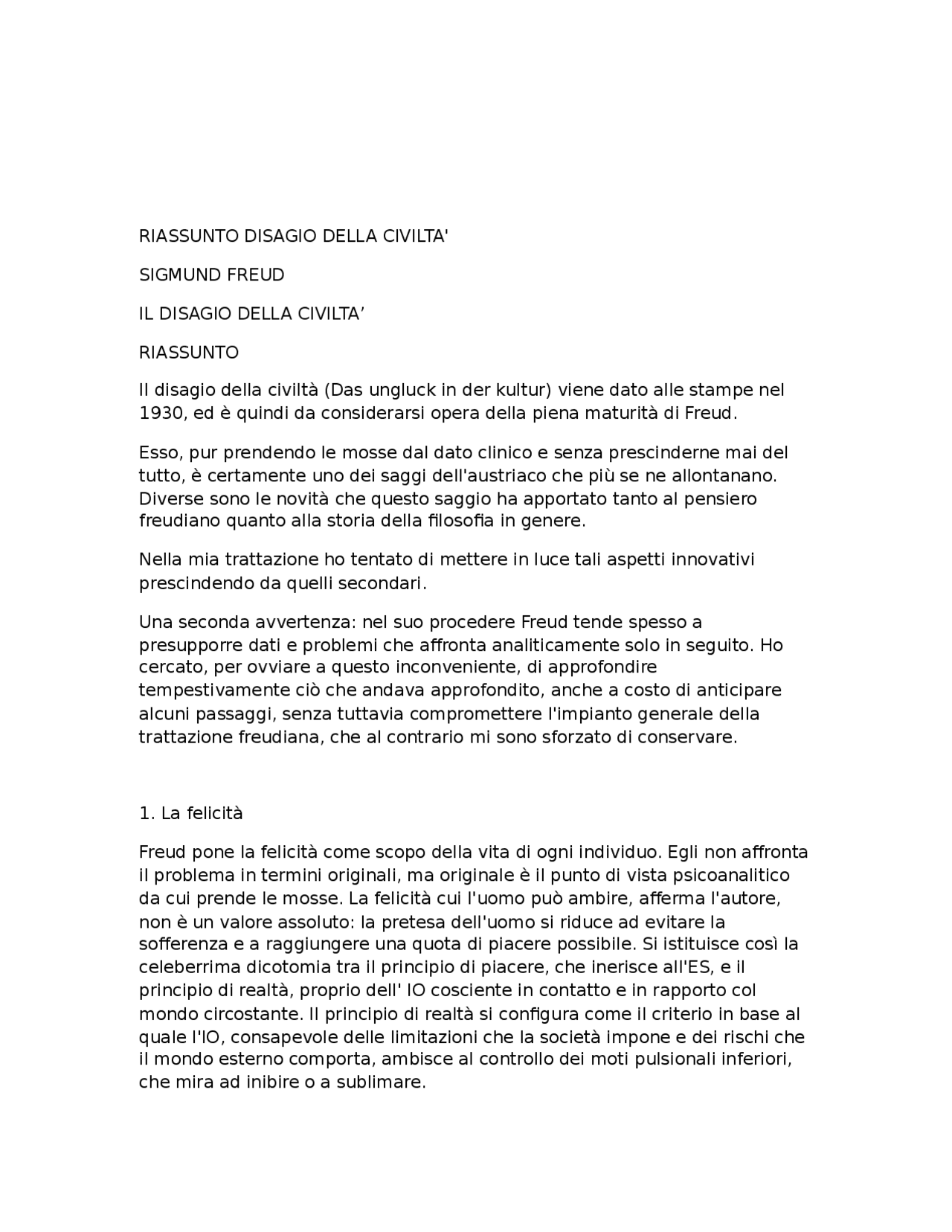 Il Disagio Della Civiltà Freud Docsity