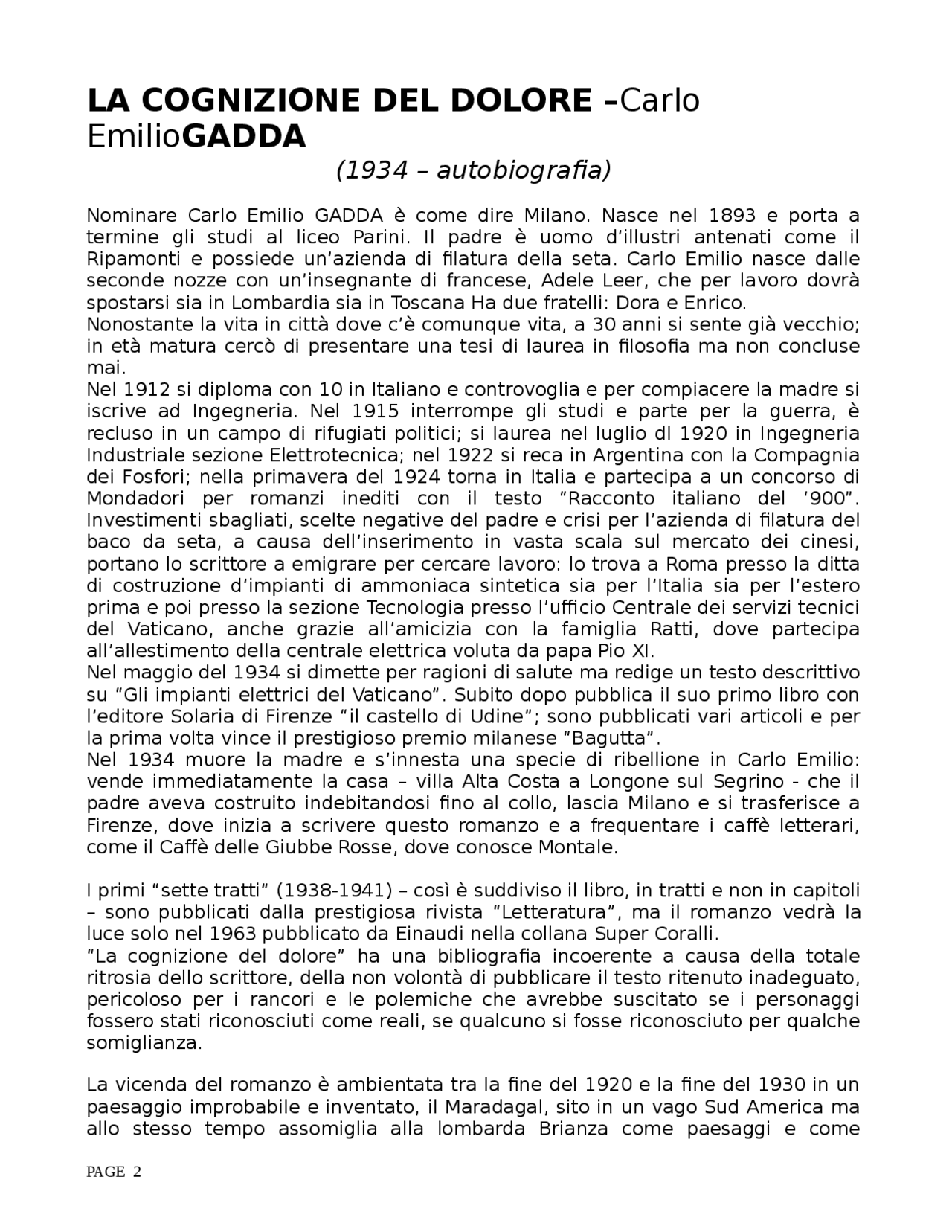 La Cognizione Del Dolore Carlo Emilio Gadda Docsity