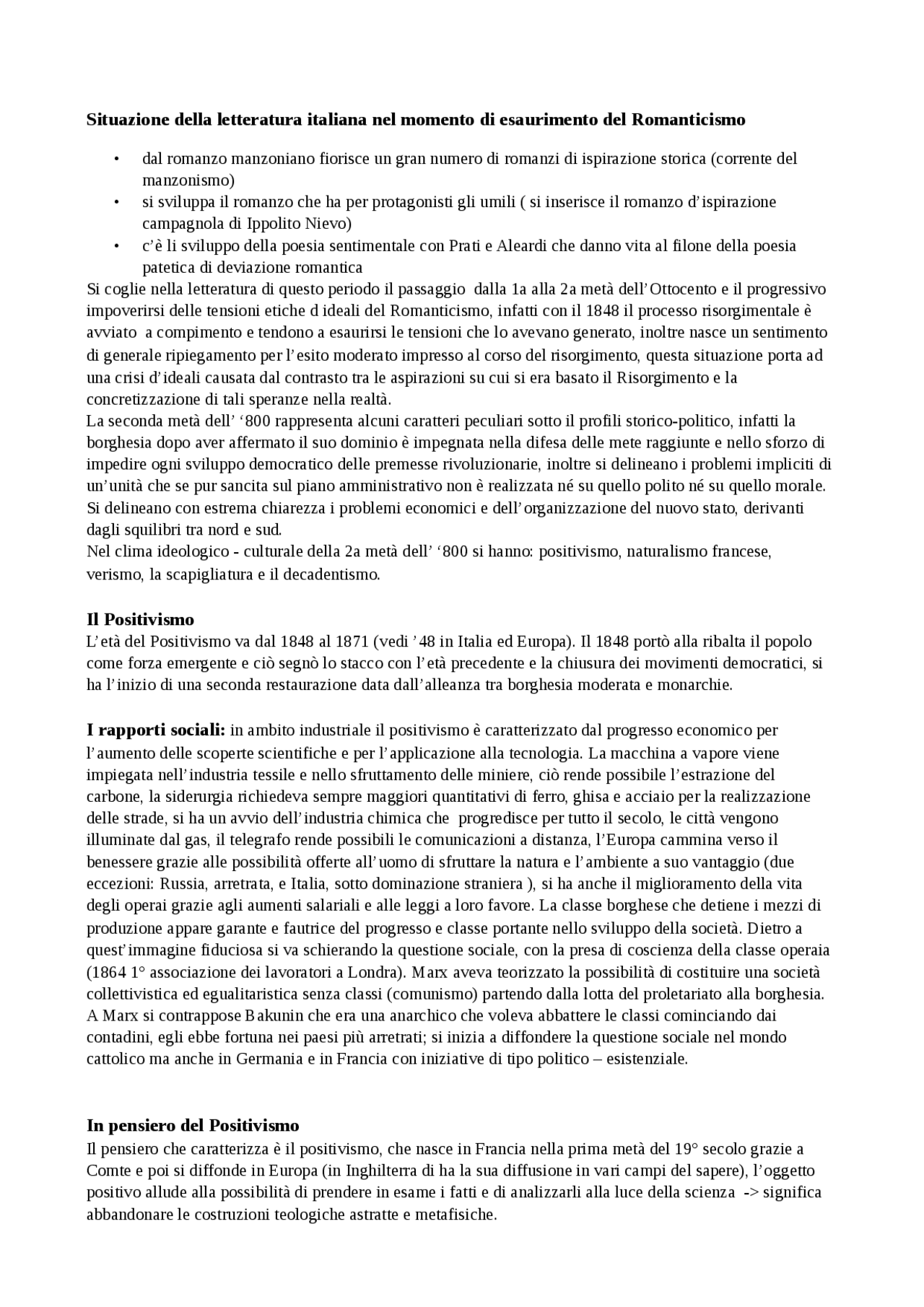 Verismo Positivismo E Verga Docsity