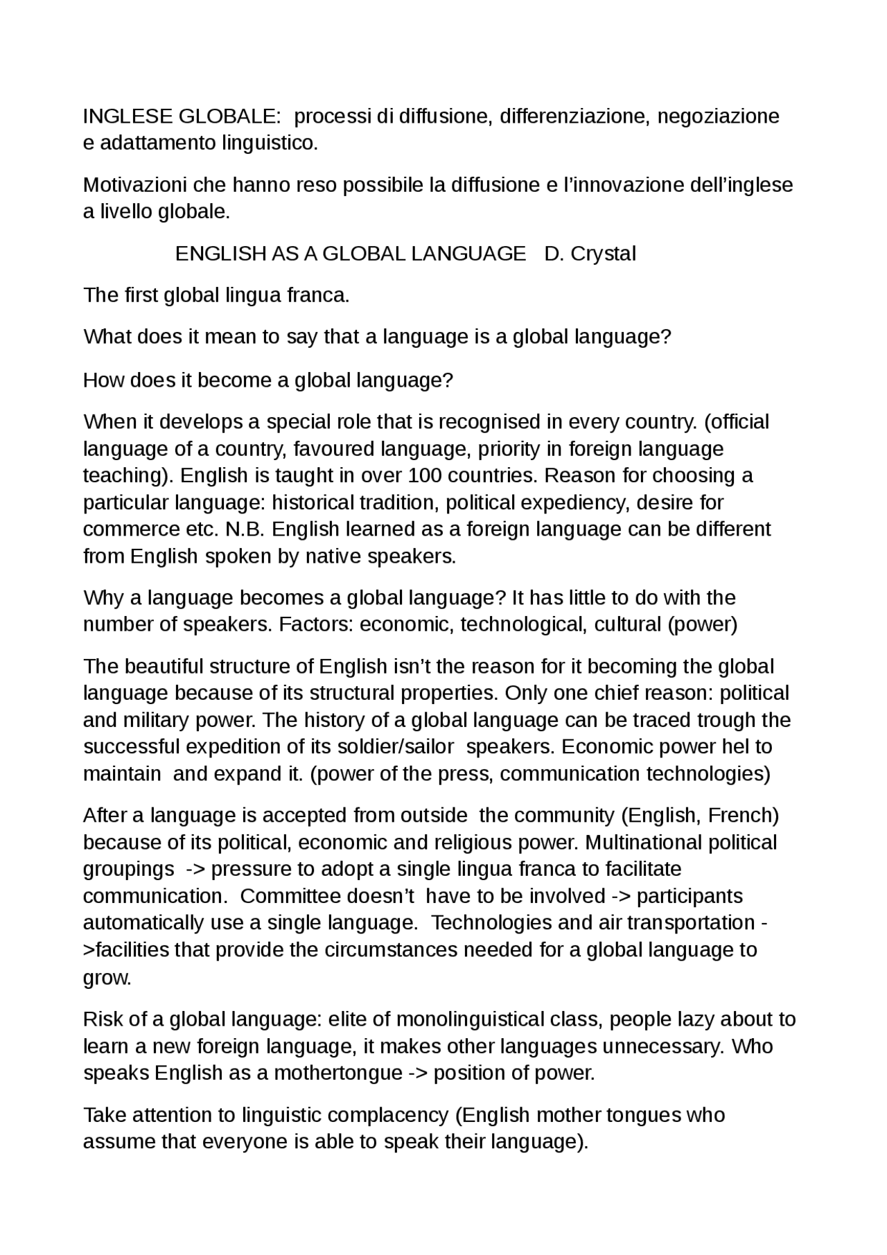 English As A Global Language David Crystal Riassunto Appunti Di