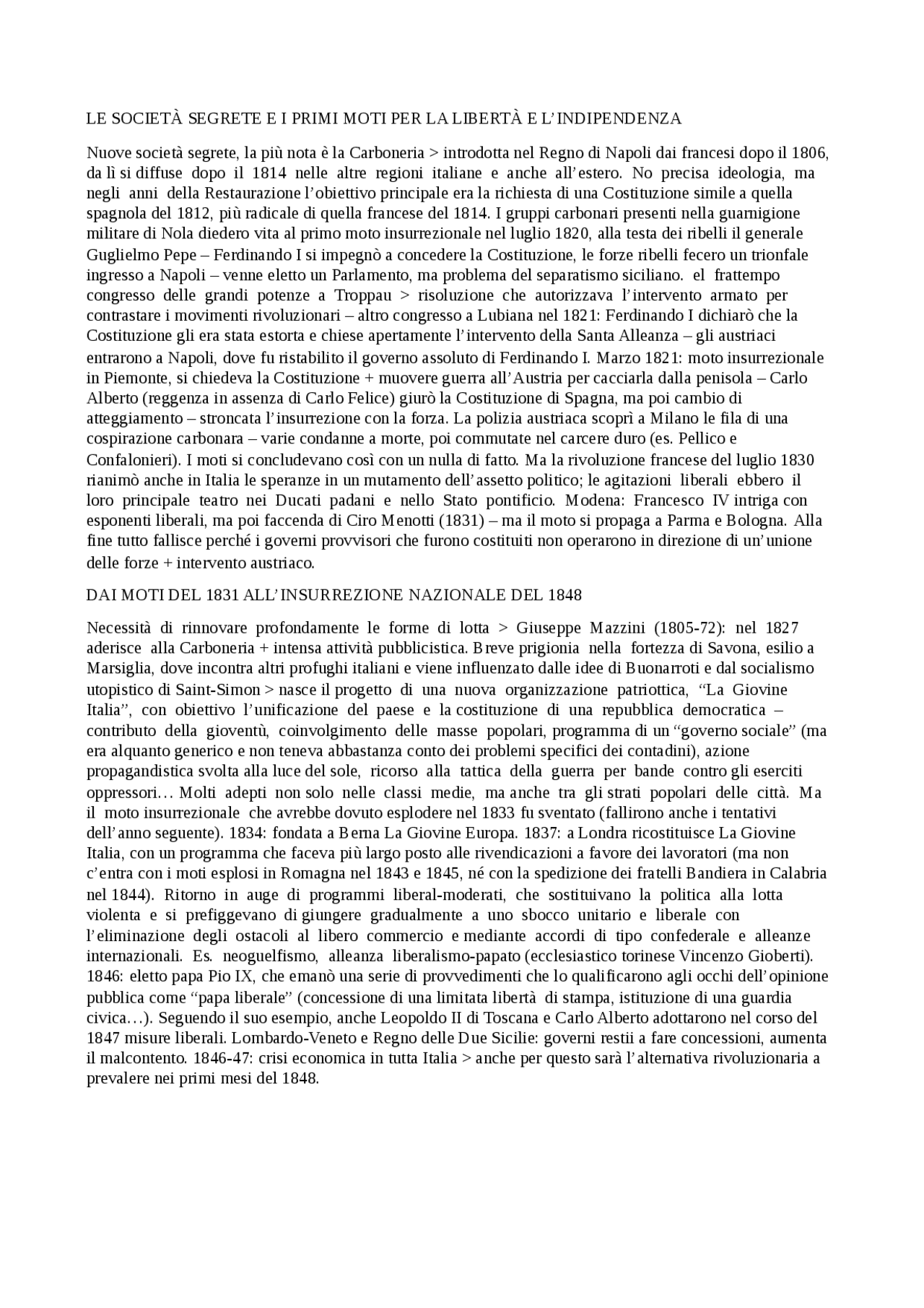 Le Prime Società Segrete E I Primi Moti Per La Libertà Docsity