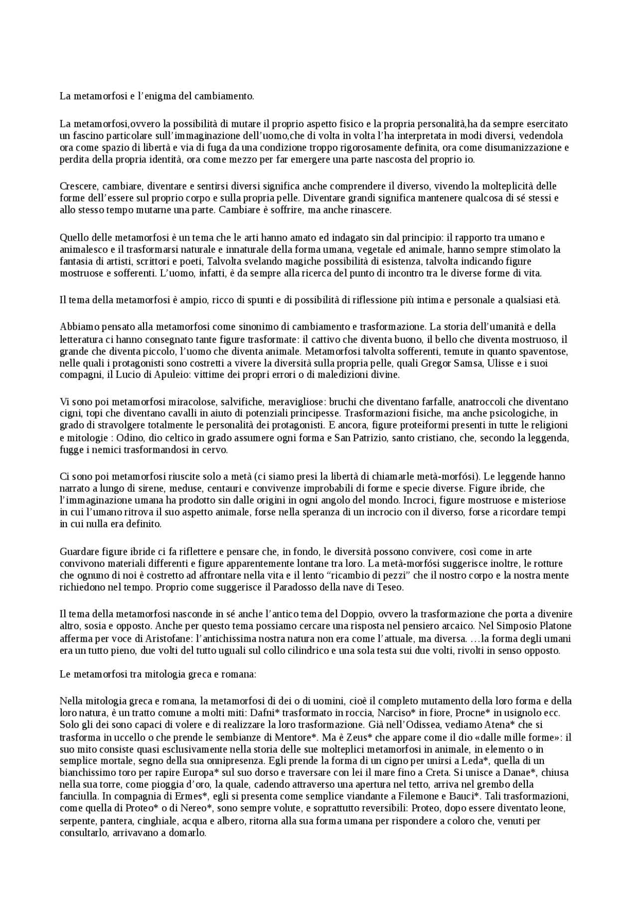 Tesina Sulle Metamorfosi Docsity
