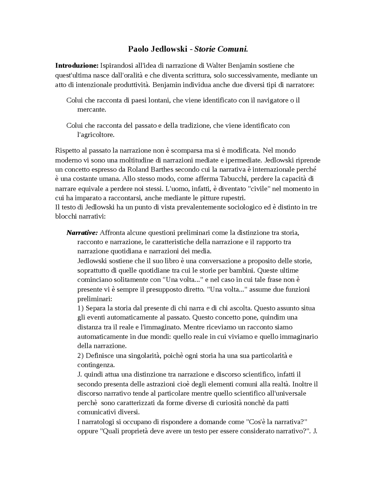 Riassunto Paolo Jedlowski Storie Comuni Docsity