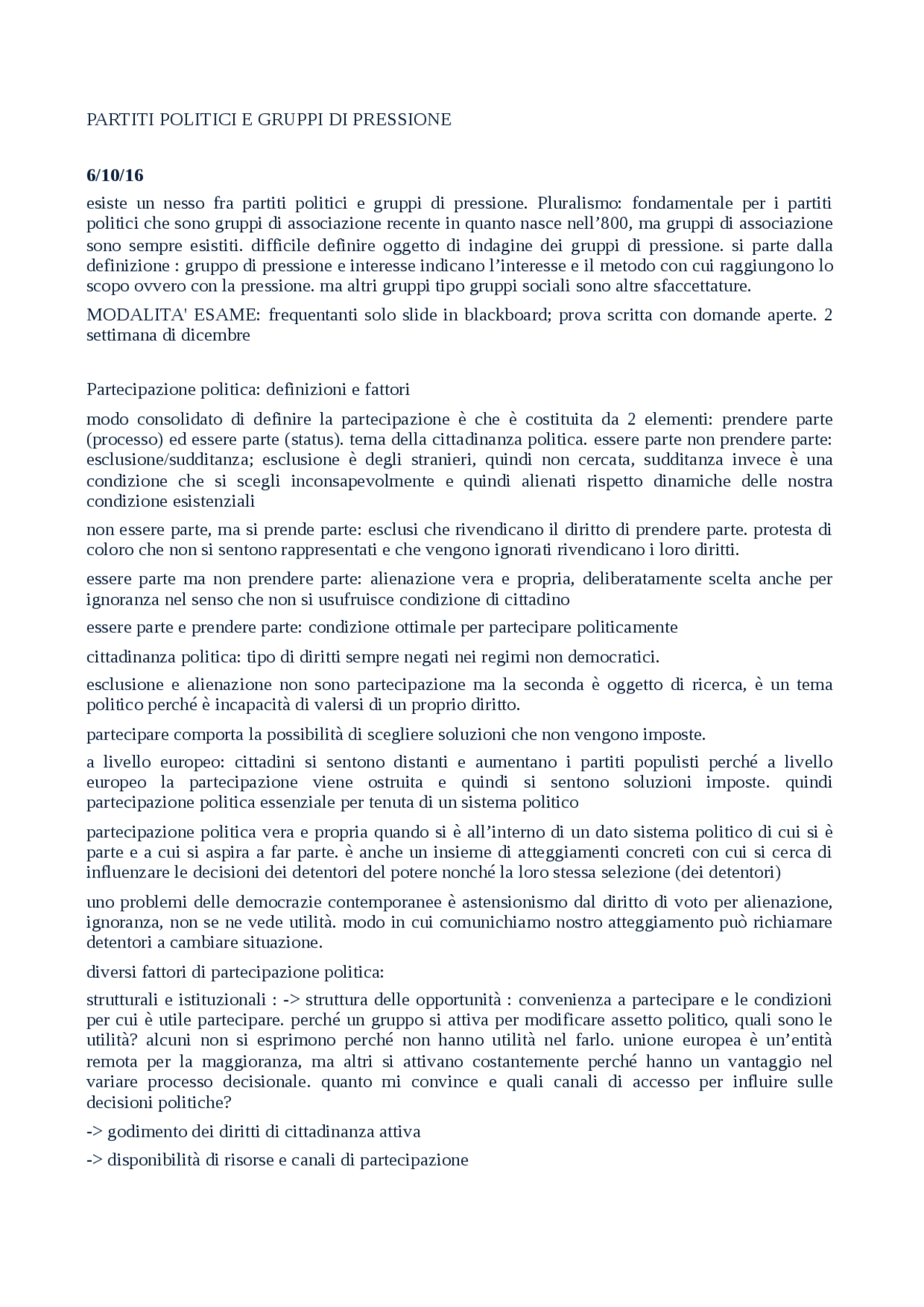 Partiti Politici e Gruppi di Pressione - Docsity