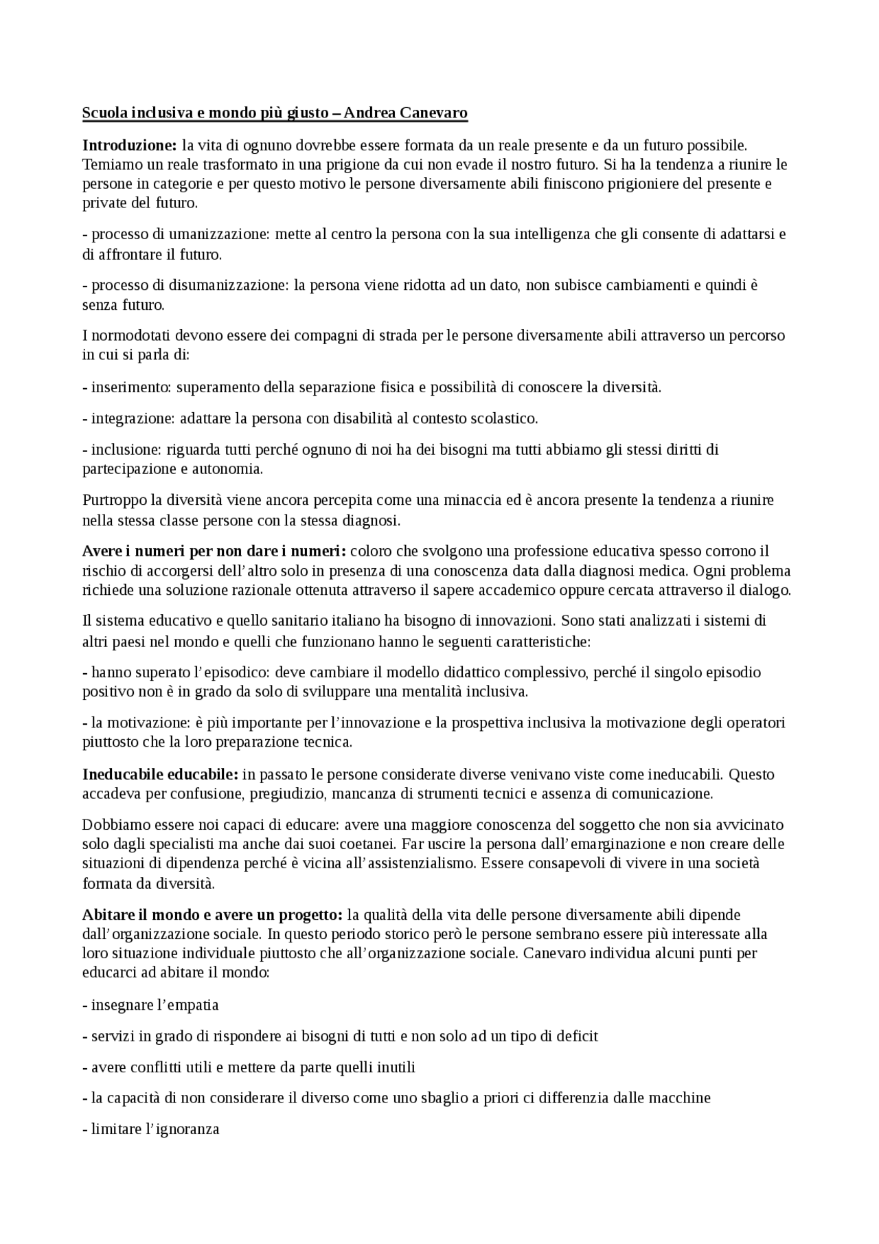Scuola Inclusiva E Mondo Più Giusto Di Andrea Canevaro Docsity