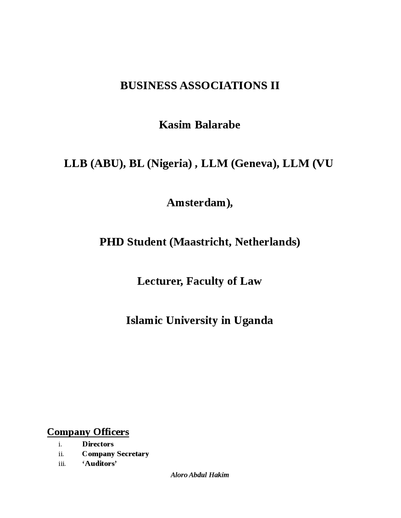 Law Of Business Associations Company Law Ugandan Lecture Notes