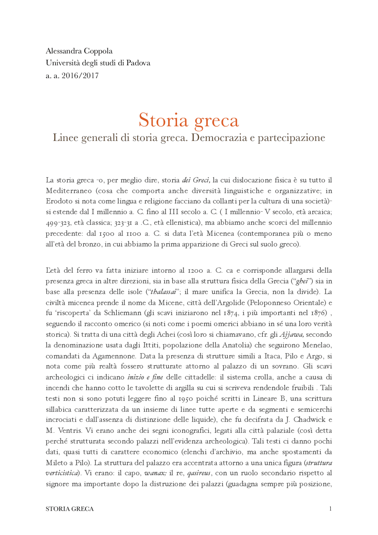 Storia greca, Alessandra Coppola - Docsity
