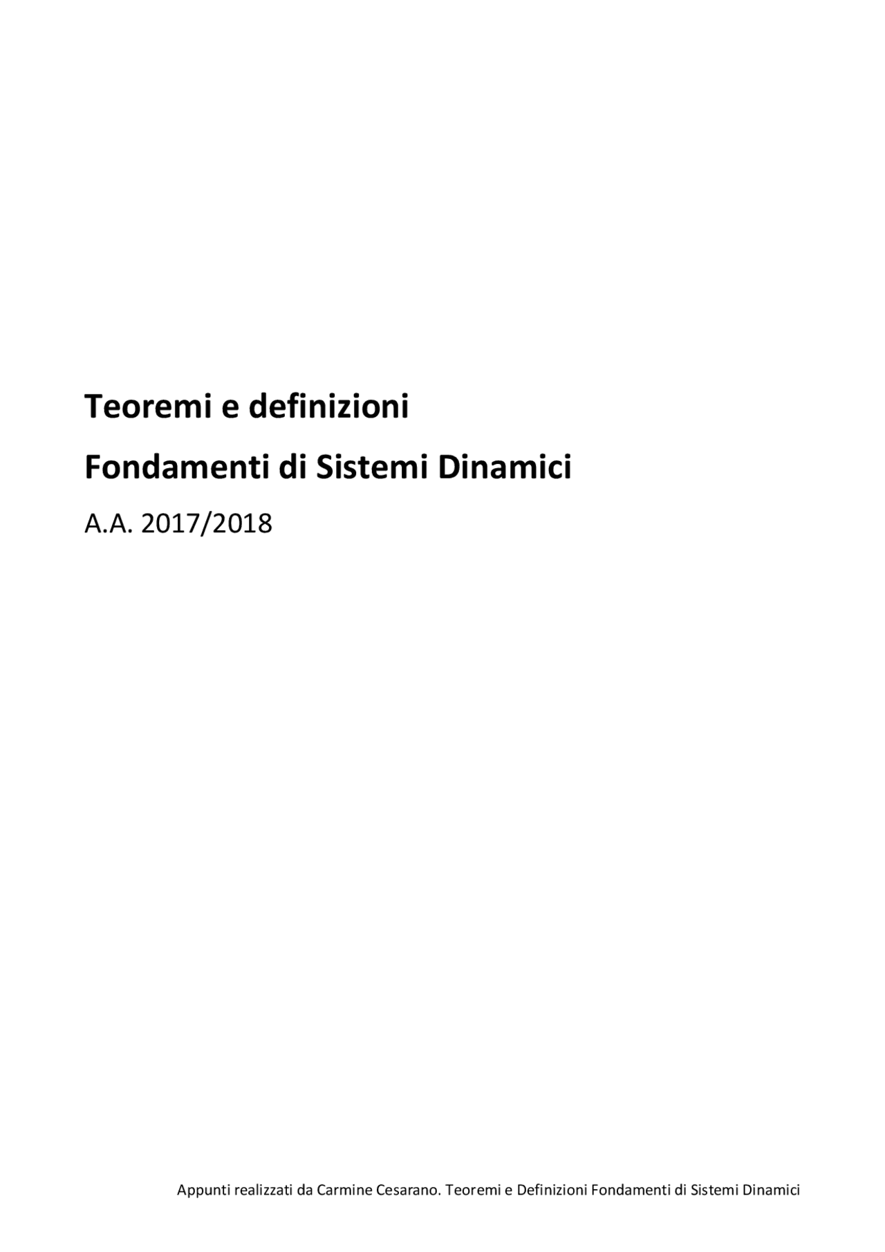 Fondamenti Di Sistemi Dinamici Teoremi E Definizioni Docsity