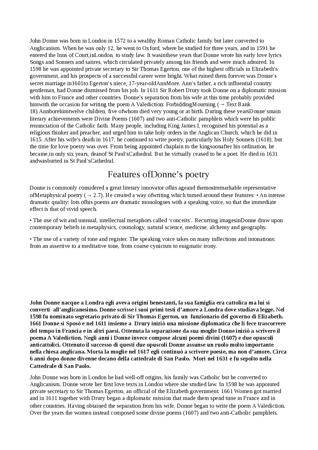 John Donne In Inglese Riassunto Sulle Diverse Opere Piu Analisi Docsity