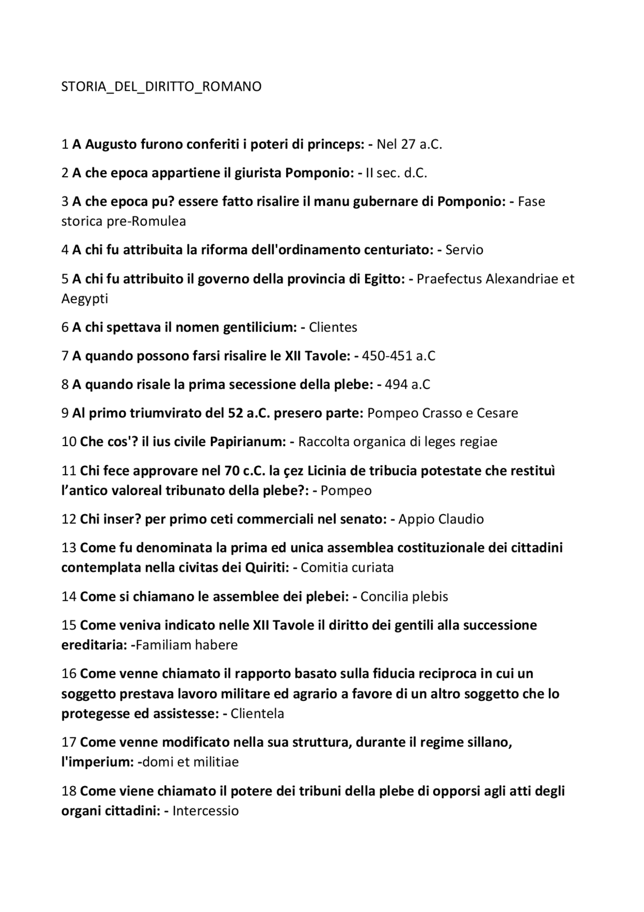 Domande E Risposte Test Storia Del Diritto Romano Docsity