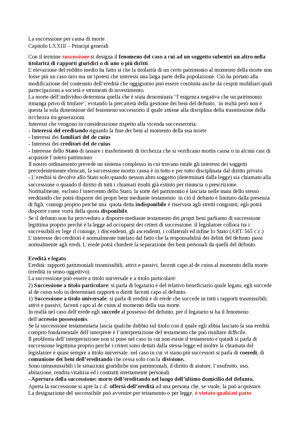La Successione Per Causa Di Morte Docsity