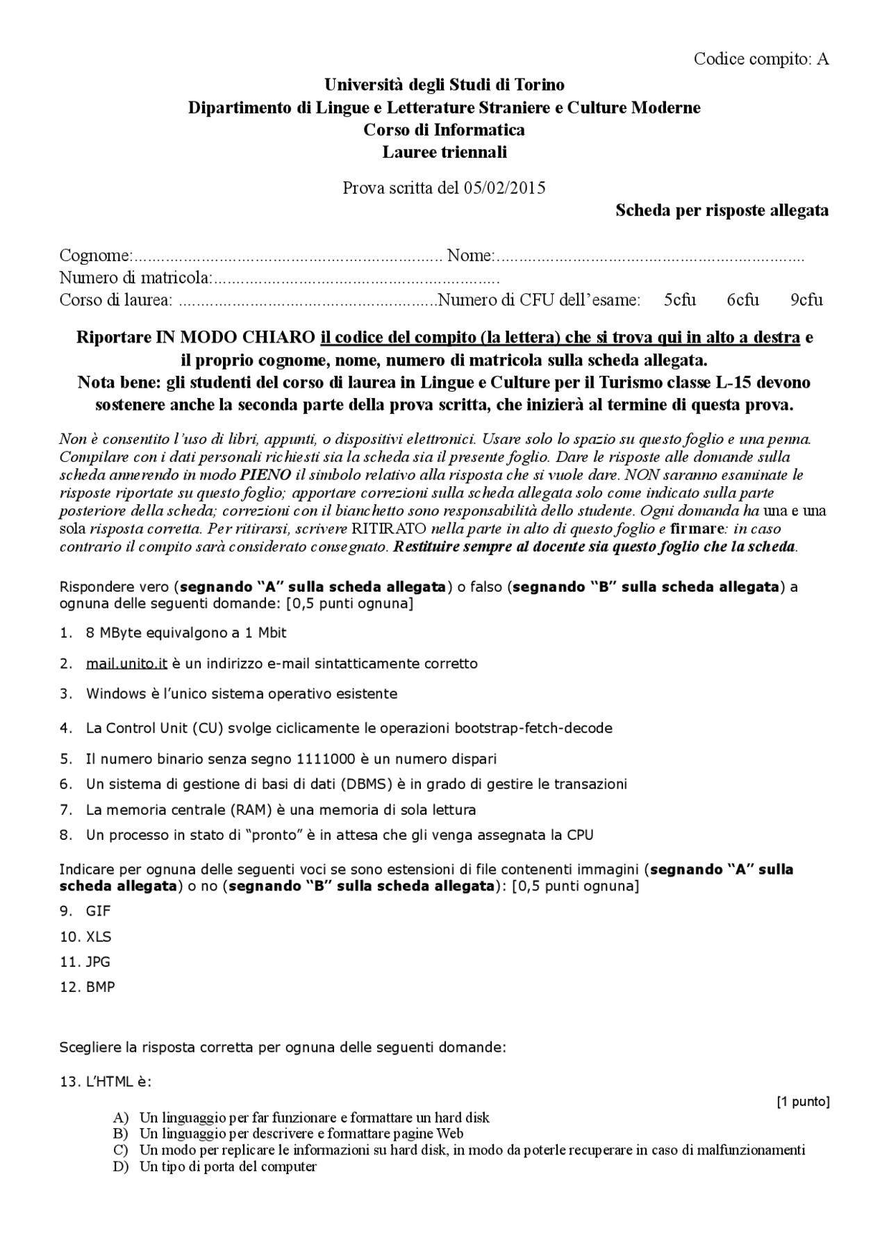 Prova esame secondo anno per informatica - Docsity