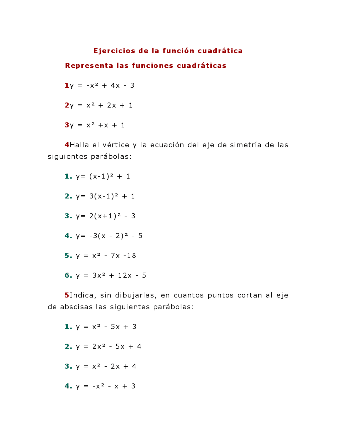 EJERCICIOS FUNCION CUADRATICA | Ejercicios de Matemáticas | Docsity