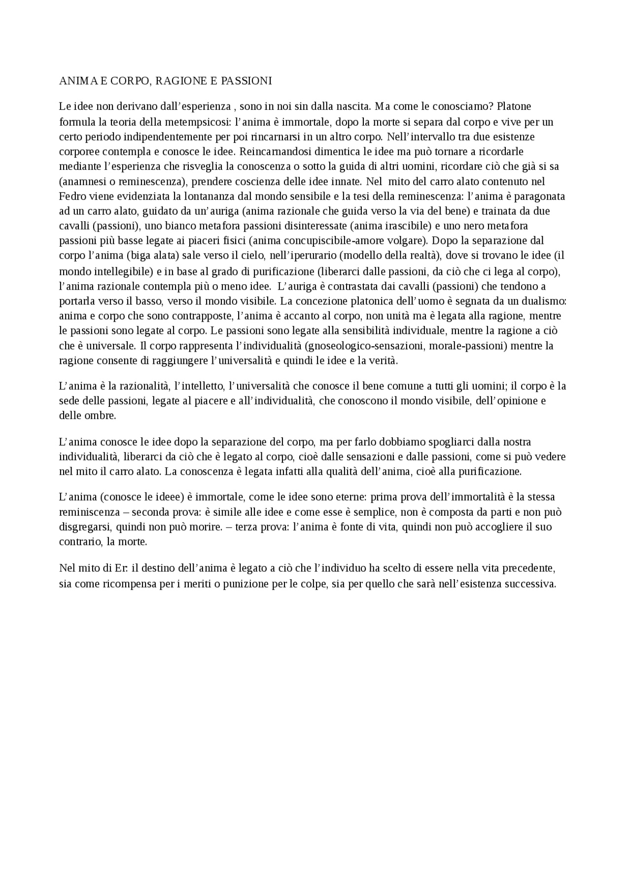 Tema anima e corpo in Platone | Temi di Filosofia | Docsity