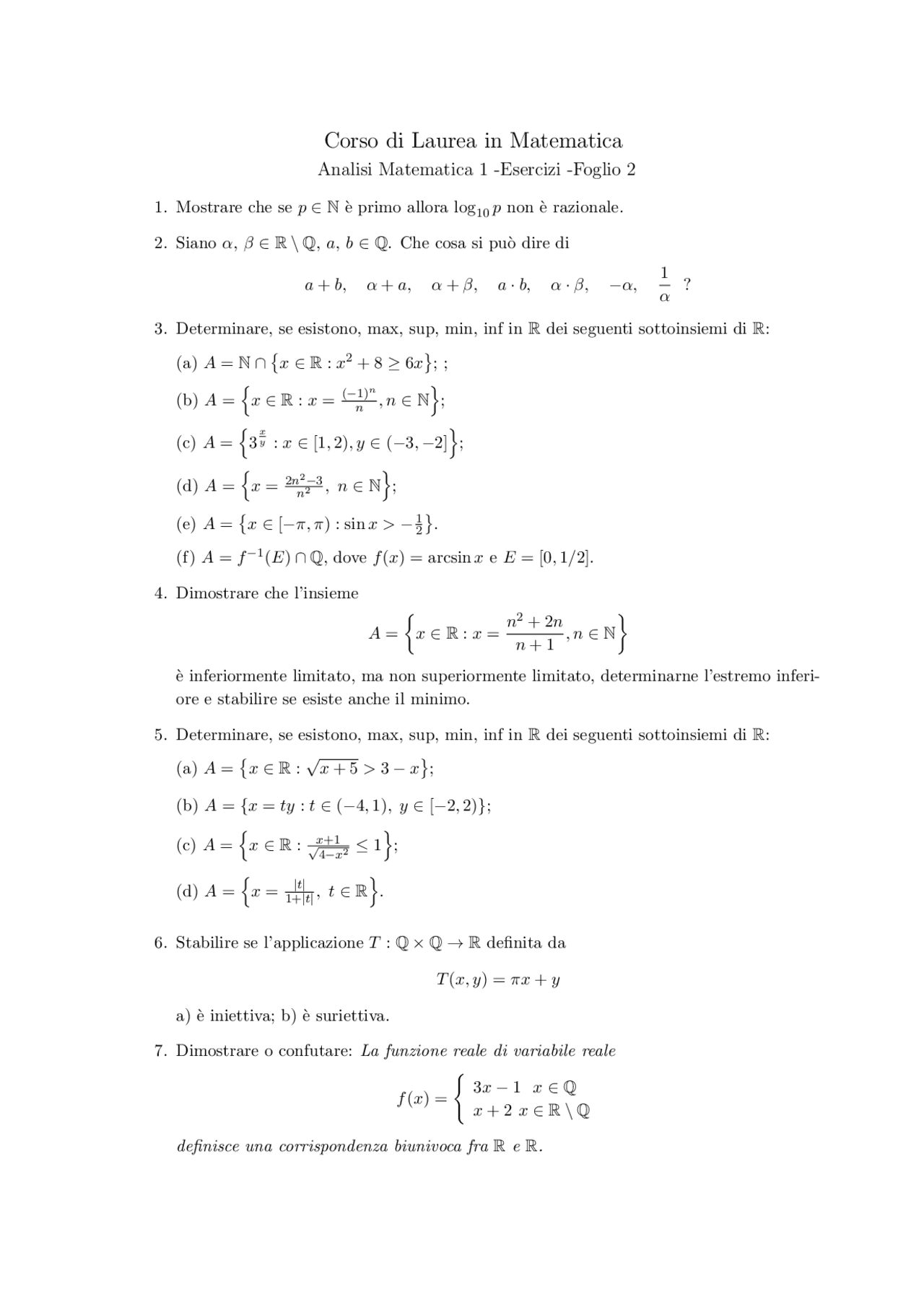 Esercizi Sugli Insiemi Analisi Matematica Docsity