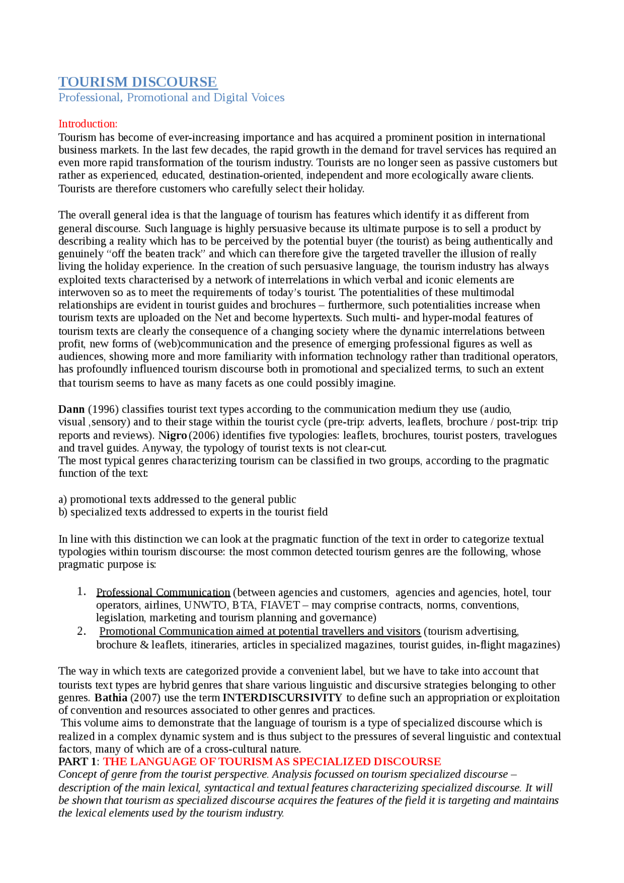 The Language Of Tourism As A Specialized Discourse Docsity