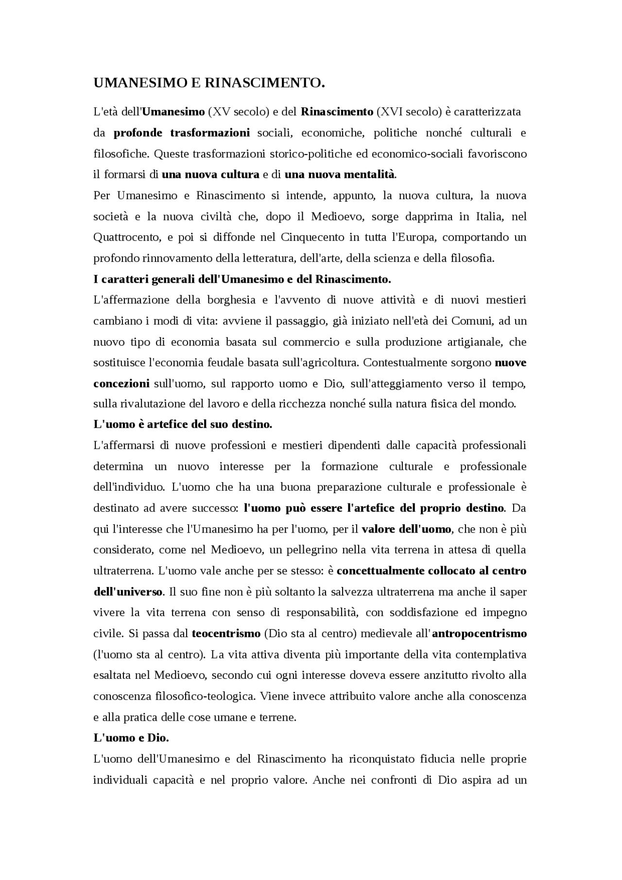 UMANESIMO E RINASCIMENTO - Docsity
